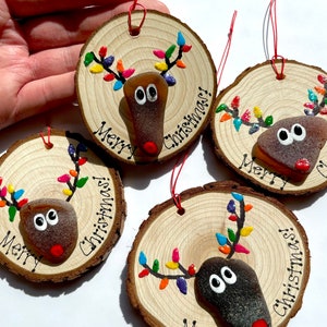 Sea Glass Reindeer Ornament: Coastal Christmas Wood Slice Art - Etsy