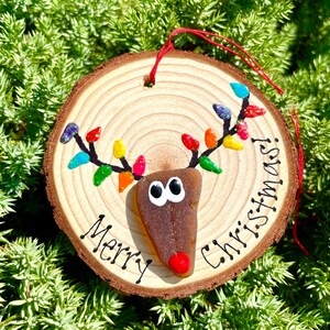 Sea Glass Reindeer Ornament: Coastal Christmas Wood Slice Art - Etsy