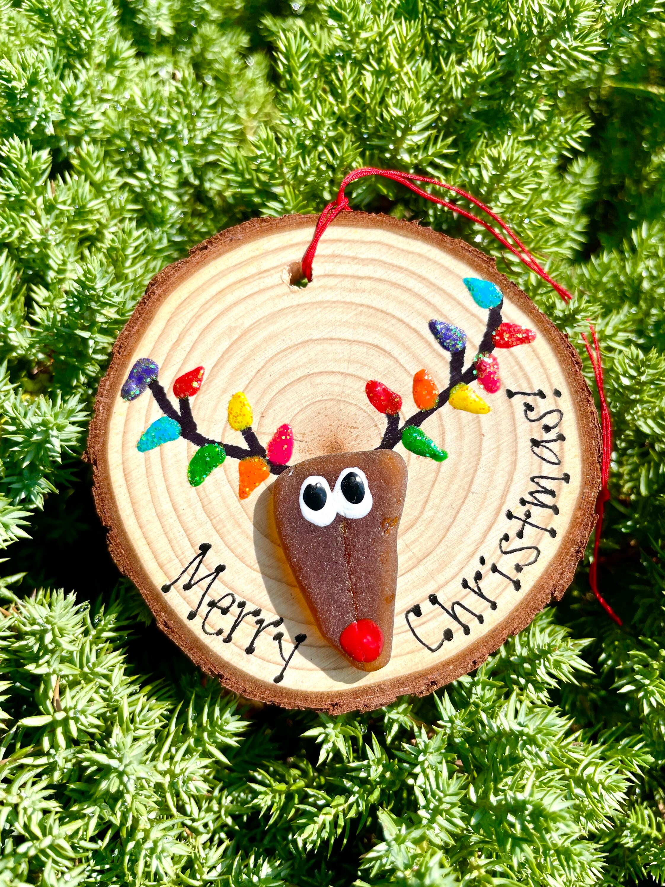 Sea Glass Reindeer Ornament: Coastal Christmas Wood Slice Art - Etsy