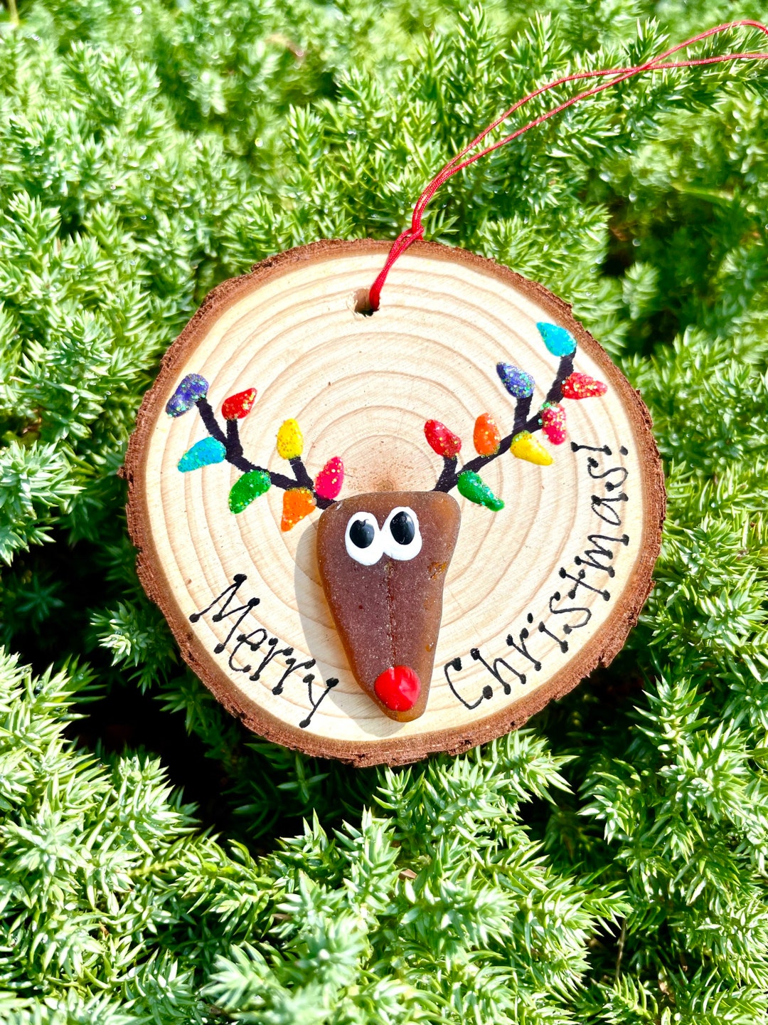 Sea Glass Reindeer Ornament: Coastal Christmas Wood Slice Art - Etsy