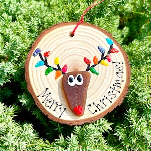 Sea Glass Reindeer Ornament: Coastal Christmas Wood Slice Art - Etsy