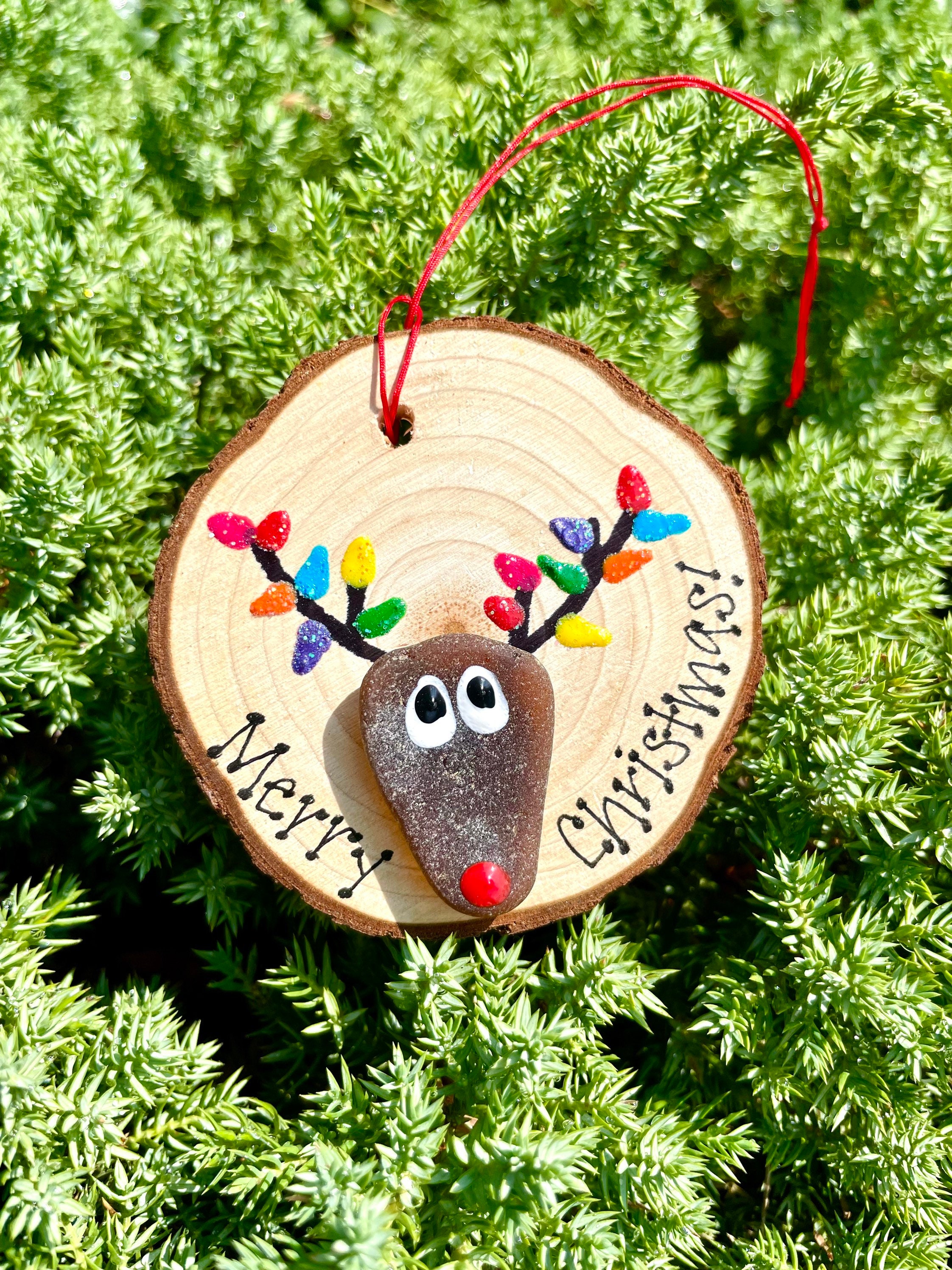 Sea Glass Reindeer Ornament: Coastal Christmas Wood Slice Art - Etsy
