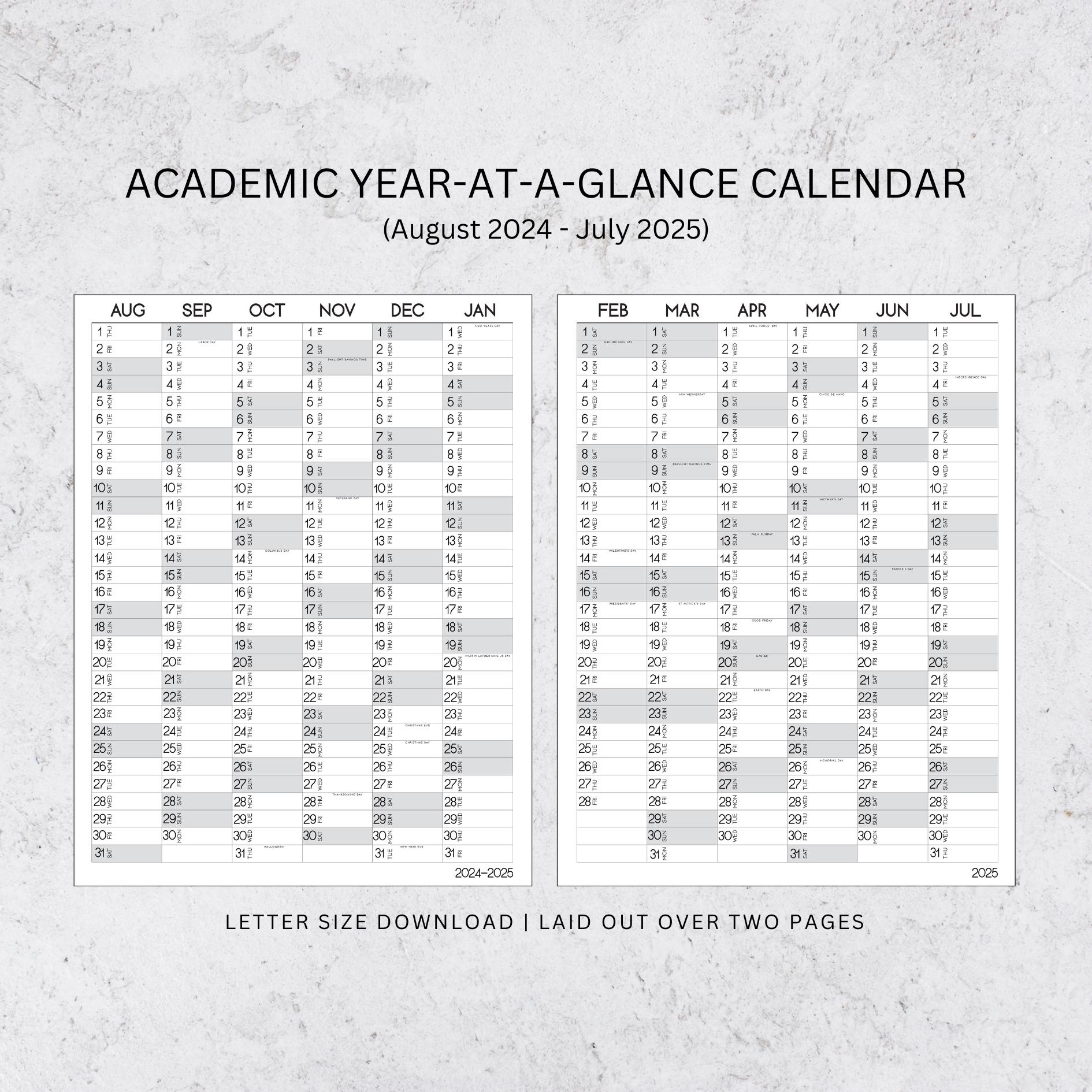 Academic Year-at-a-glance Calendar (august 2024 - July 2025) | Letter ...