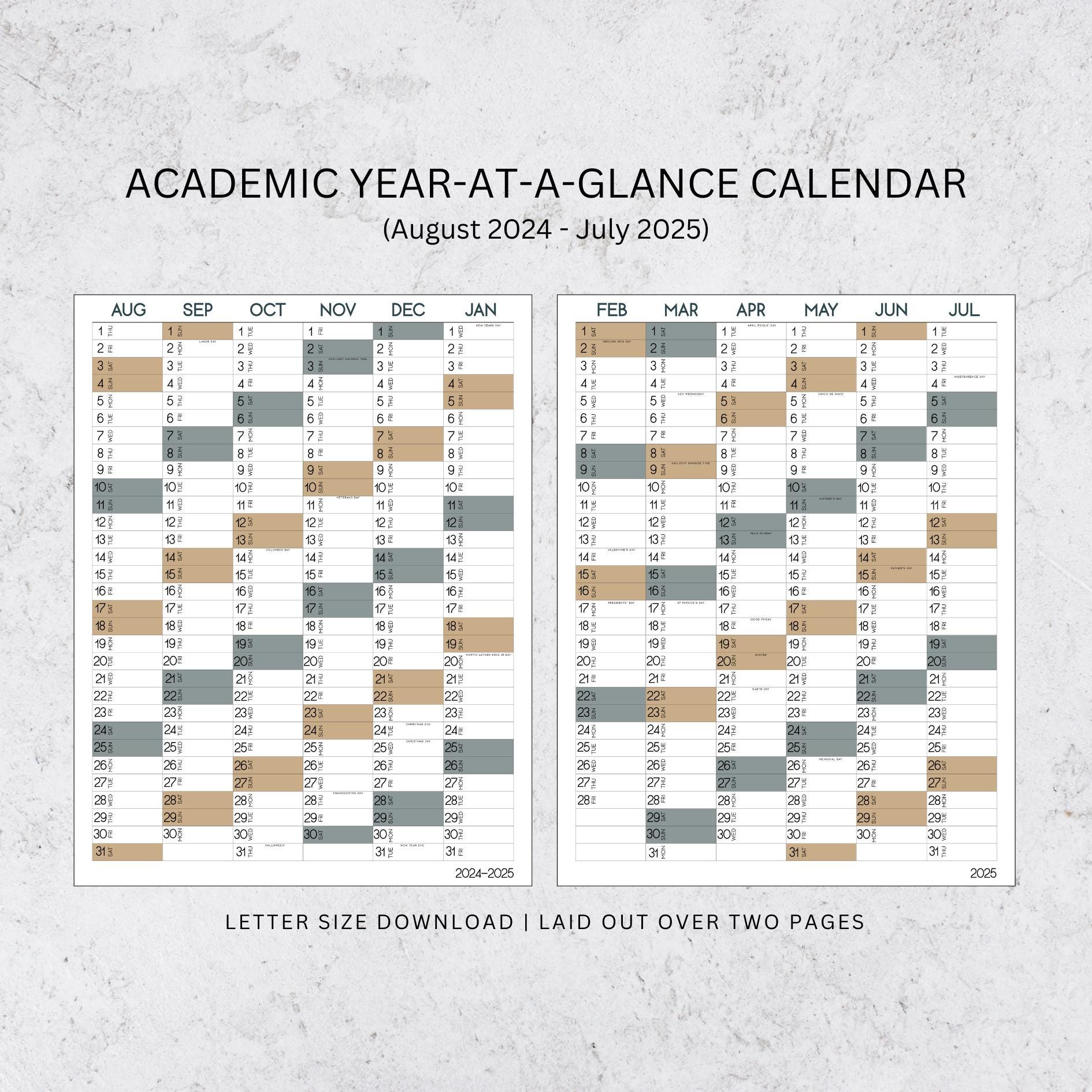 Academic Year-at-a-glance Calendar (august 2024 - July 2025) | Letter ...