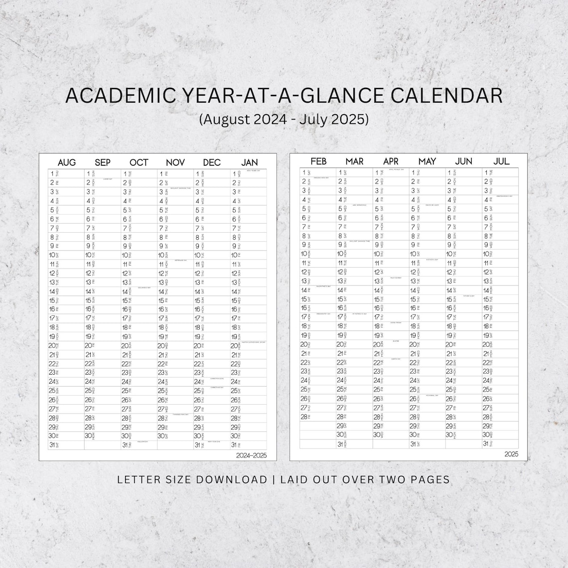 Academic Year-at-a-glance Calendar (august 2024 - July 2025) | Letter ...