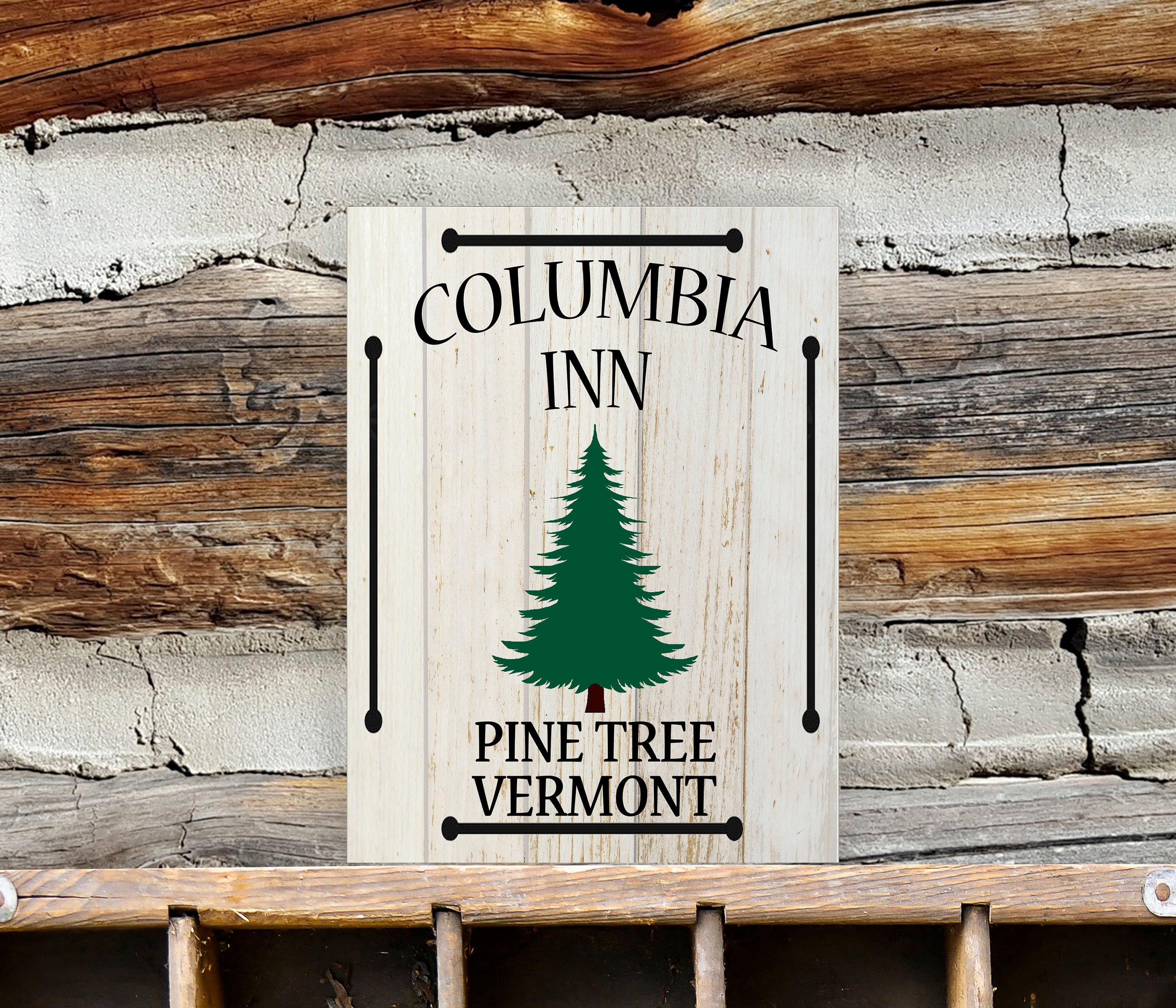 Wood Christmas Sign Columbia Inn Pine Tree Vermont White | Etsy