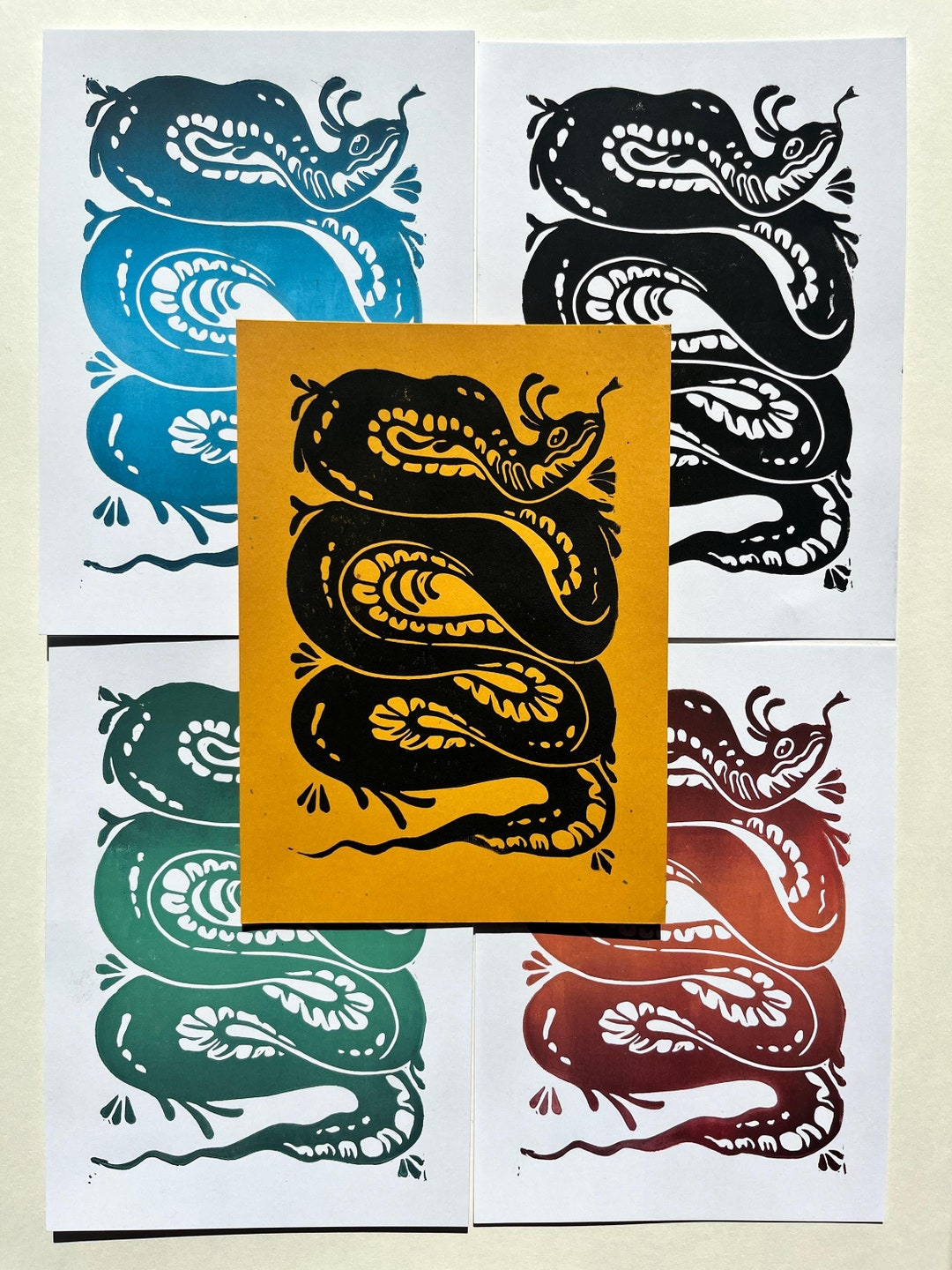 Snake Linocut Print, 5x7 Inch, Gradient Lino Print, Handmade Original ...