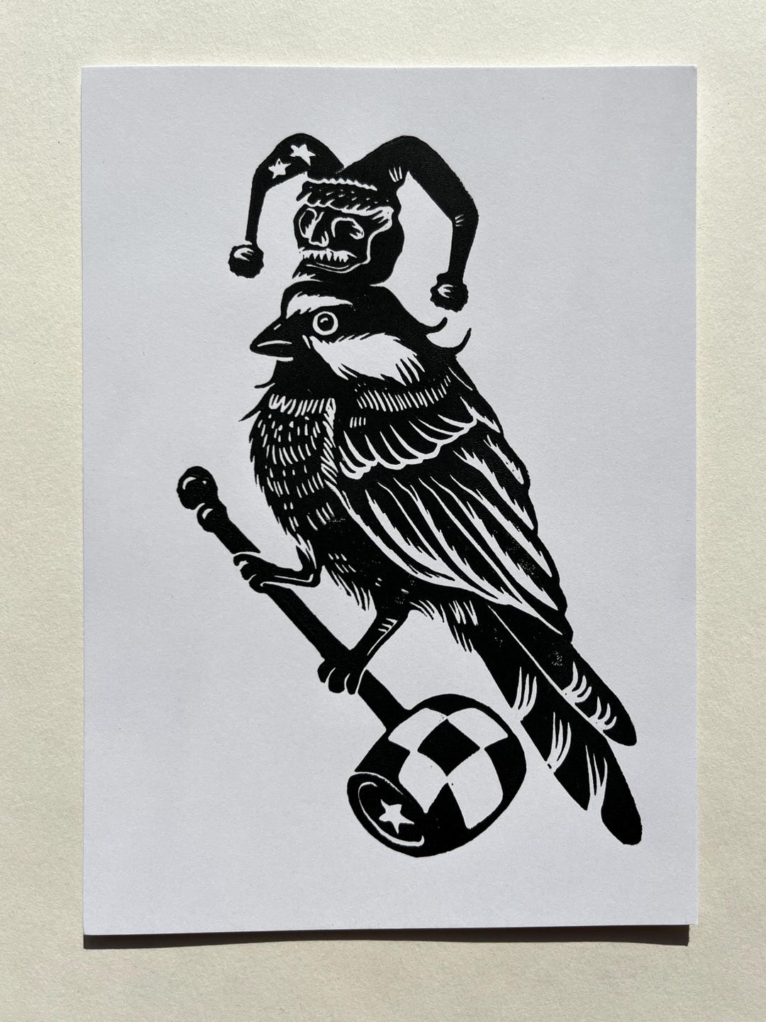 Bird With Clown Hammer Linocut Print: Original Art (5x7 Inch) - Etsy