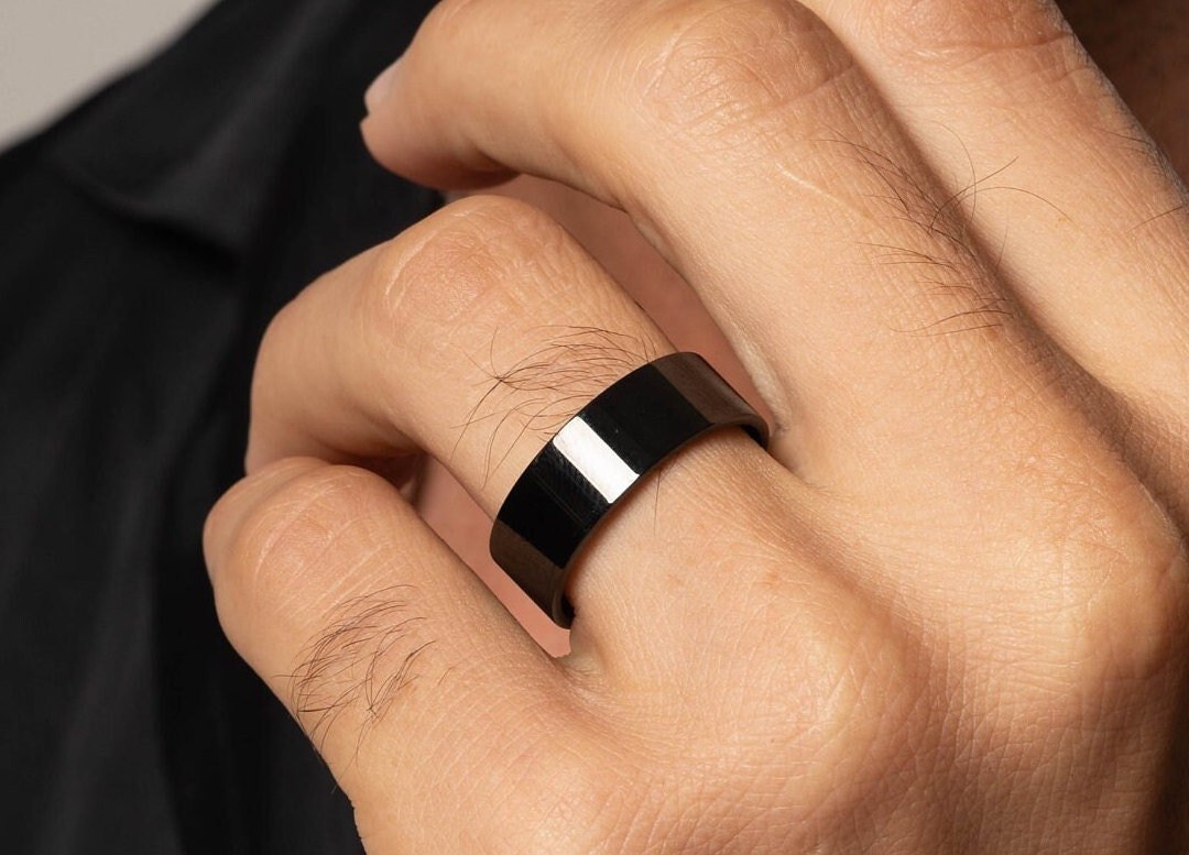 9.8mm Black Plating Plan Wedding Band for Men's, Flat Plain Band ...