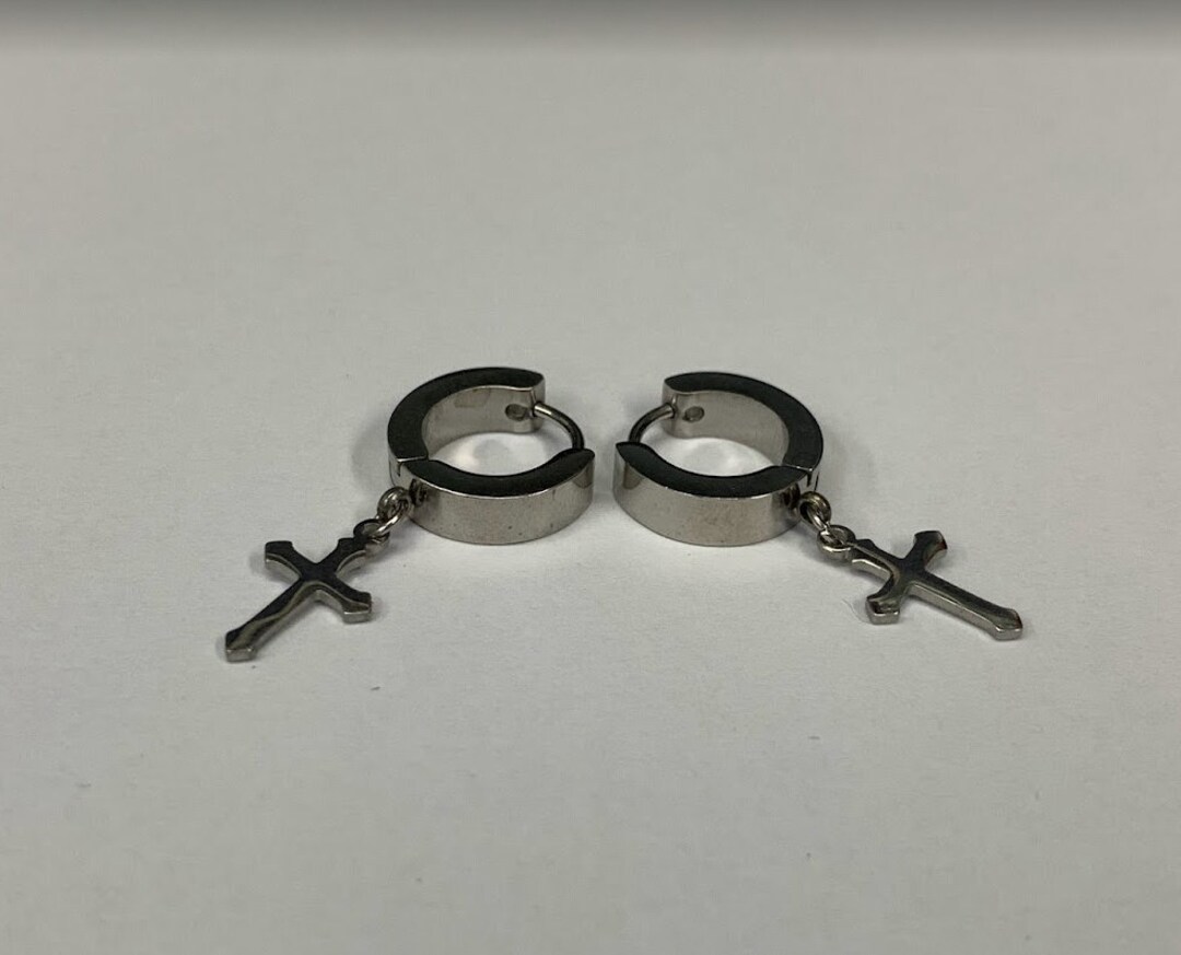 Minimalist Cross Hoop Earrings for Men, Cross Earrings, Dangle Drop Men ...