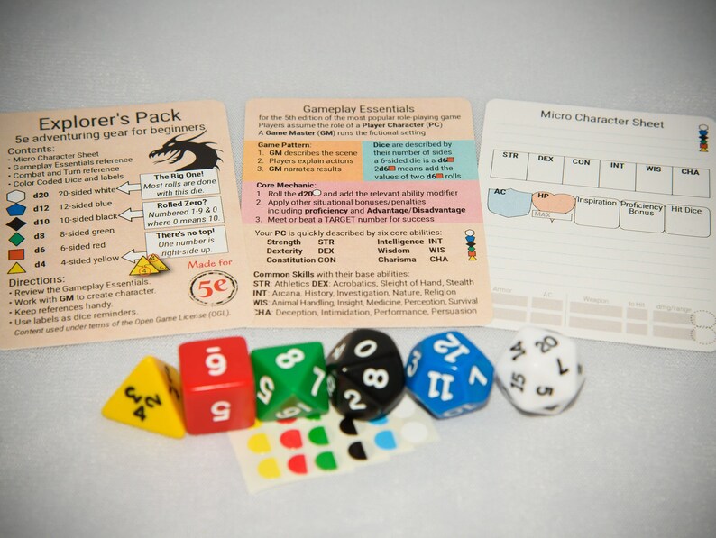 D&D Explorer's Pack dice set rules reference cards for | Etsy