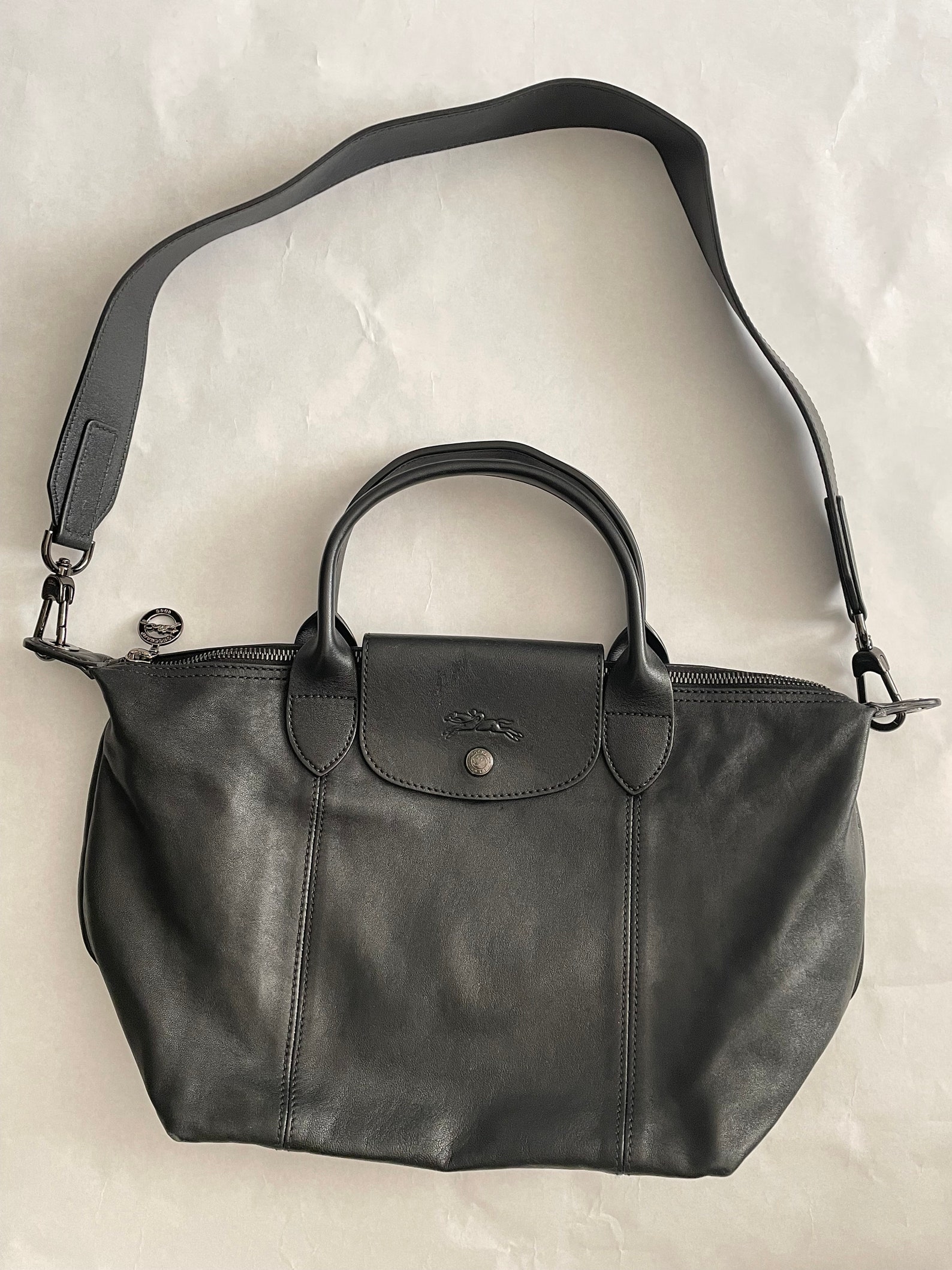 Longchamp Black Leather Top Handles Adjustable Removable Shoulder ...