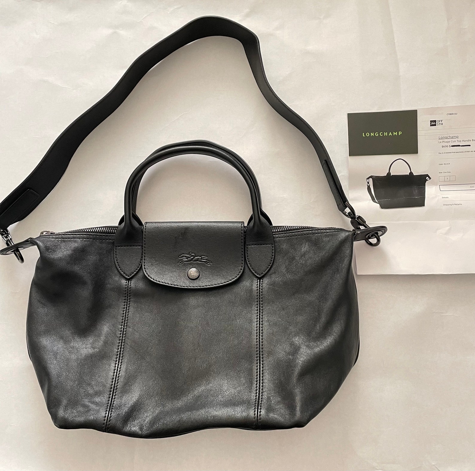 Longchamp Black Leather Top Handles Adjustable Removable Shoulder ...