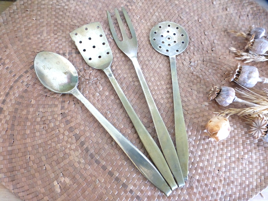 Set of Four French Vintage Small Solid Brass Kitchen Utensils Hanging ...