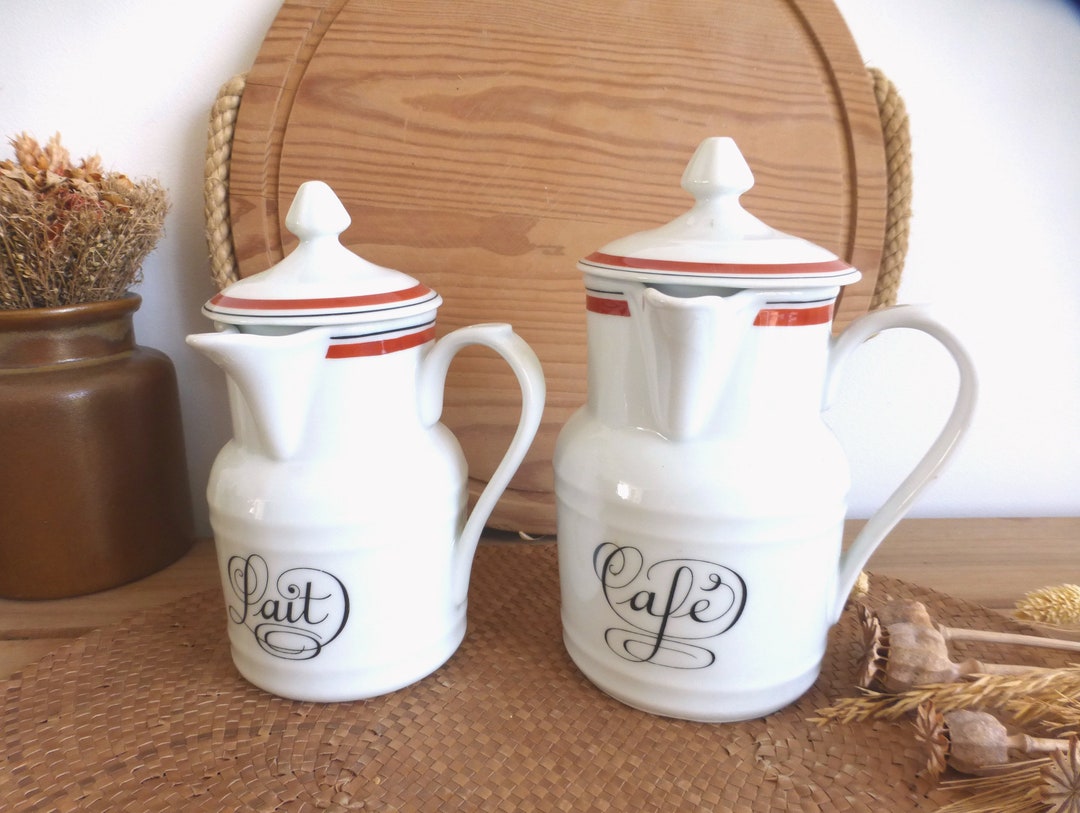 Stylish French Vintage PORCELAINE DAUTEUIL / Apilco White Porcelain Lidded Coffee Pot Side ...