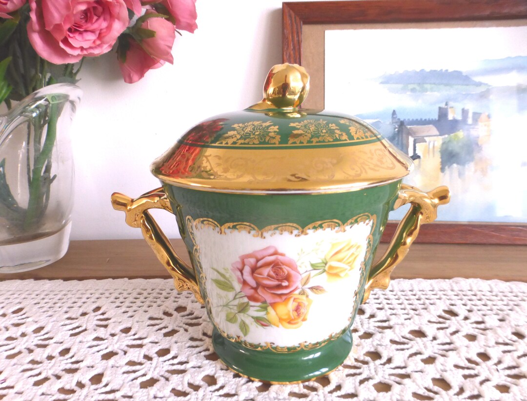 Fabulous French Vintage LIMOGES Green and Gold Porcelain Two-handled ...