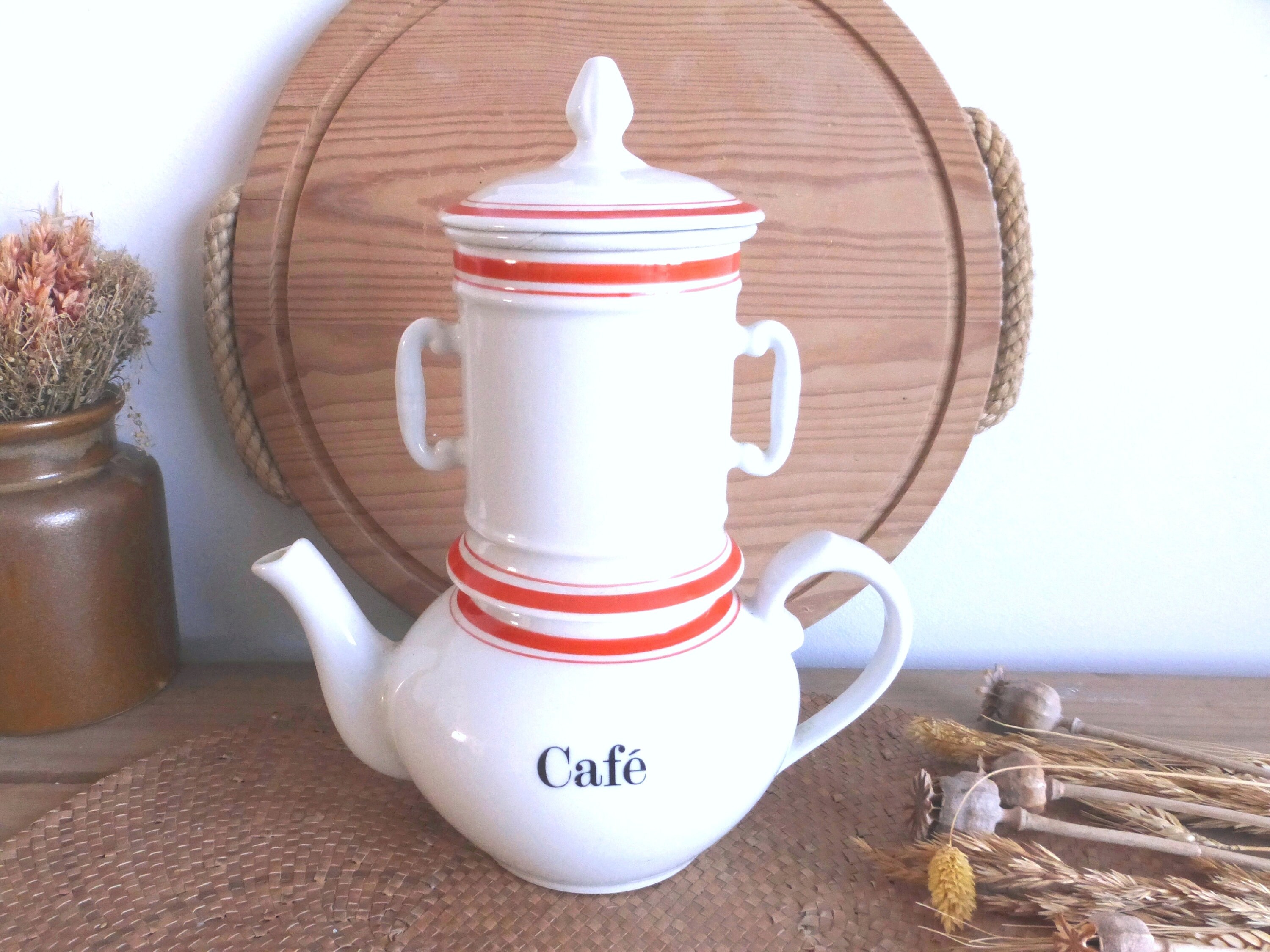 RARE French Vintage APILCO Four Part Pour Over Filter Coffee Pot White Porcelain With Orange ...