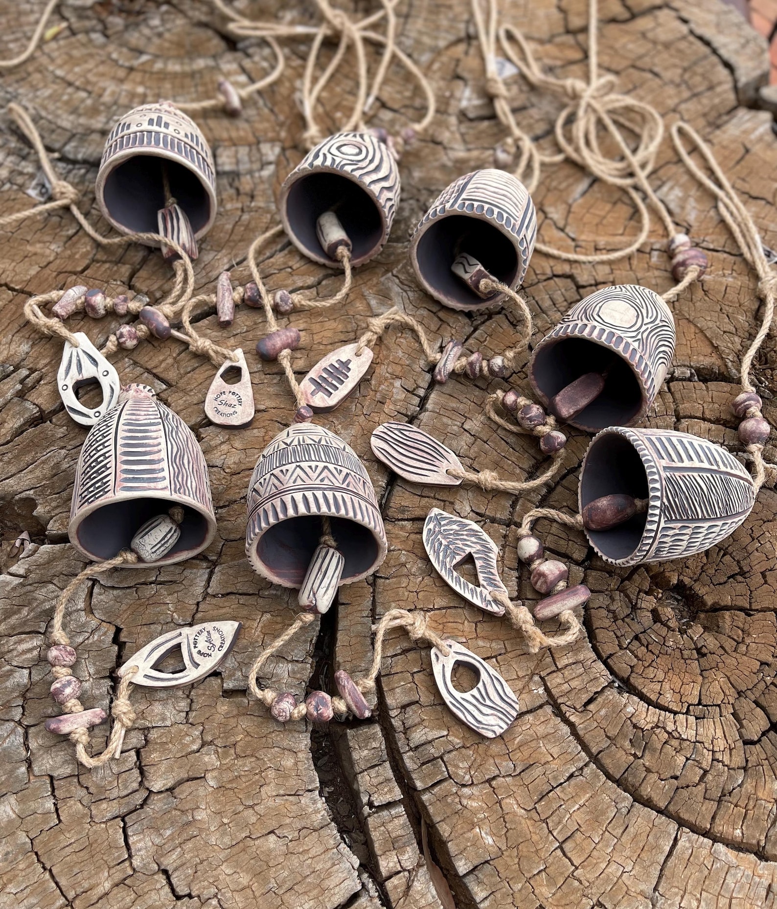 Pottery / Ceramic Bell, Hand Carved and Oxide Wind Chime, Earthy and ...