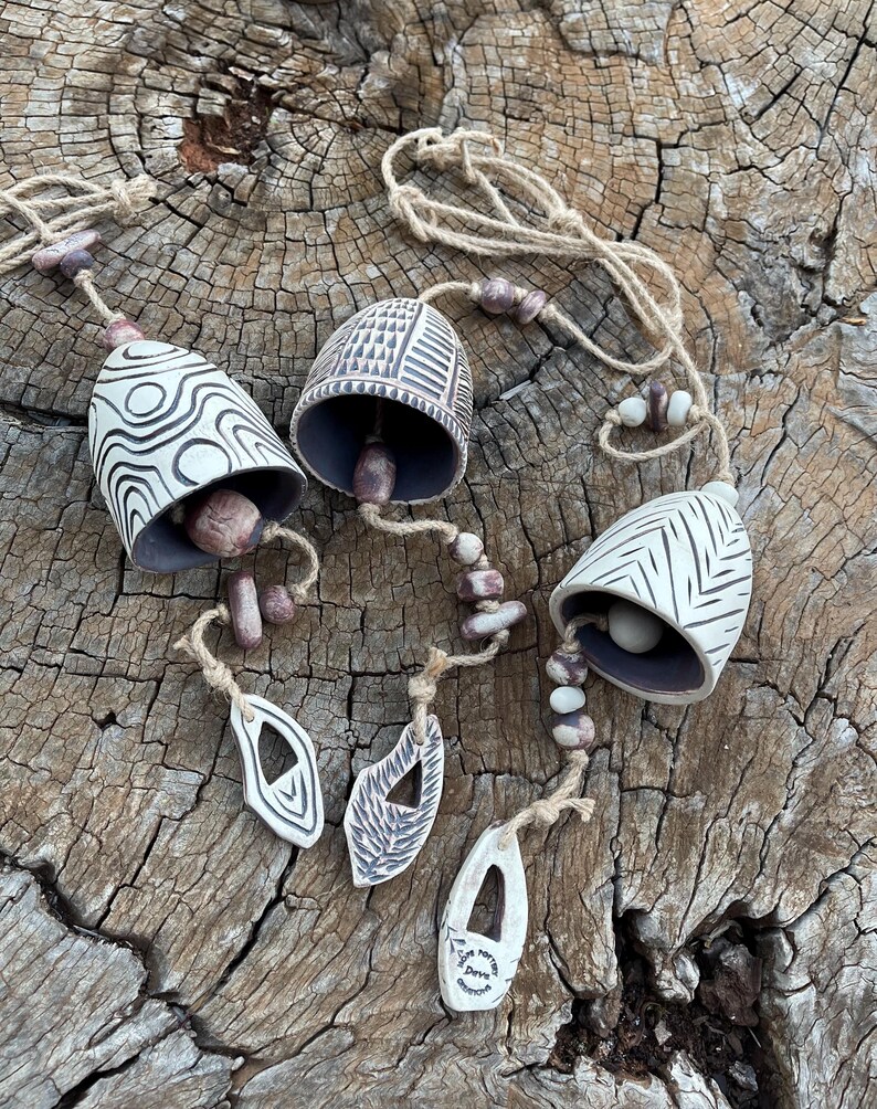 Pottery / Ceramic Bell, Hand Carved and Oxide Wind Chime, Earthy and ...