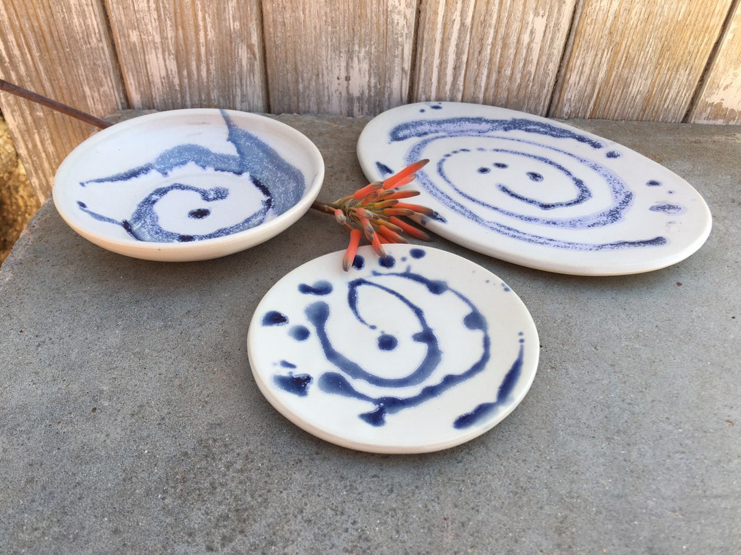 Set of 3 White and Blue Pottery Dishes, Condiments, Herbs, Salt, Dip ...