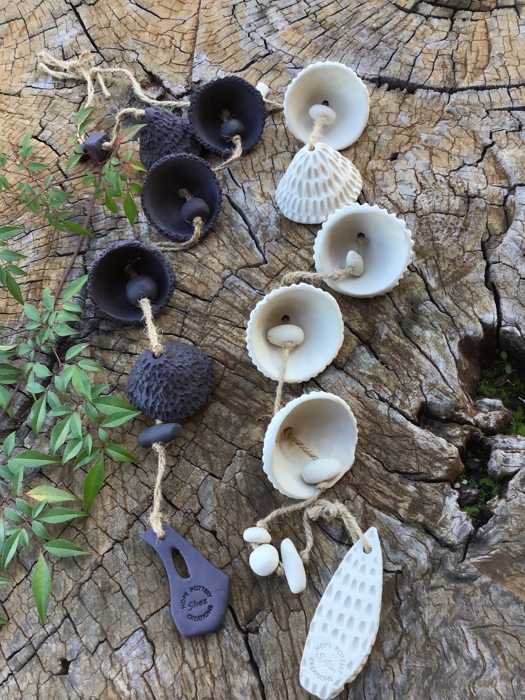 Hanging Pottery Bells, Elegant Black or White Natural Clay , Carved ...