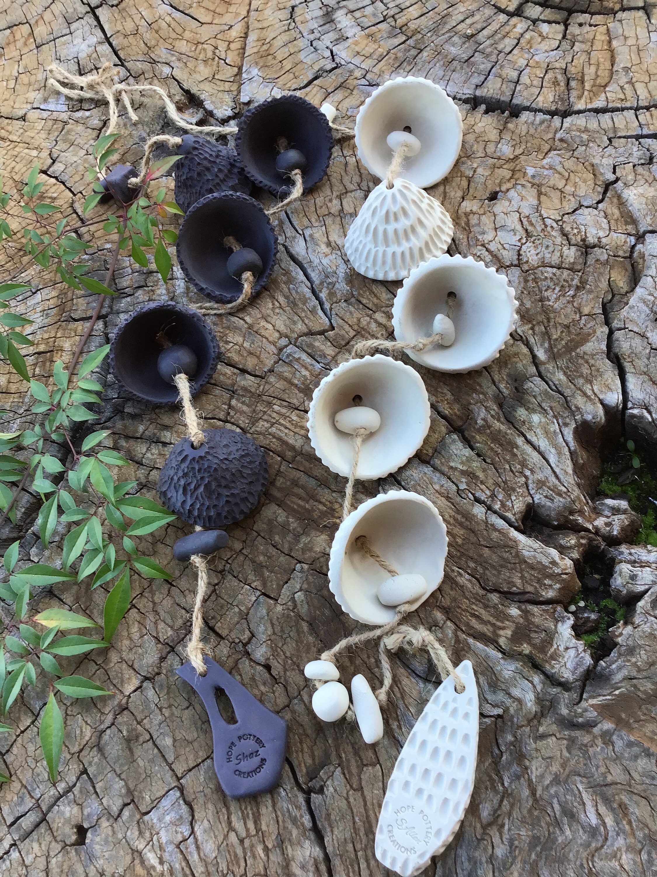 Hanging Pottery Bells, Elegant Black or White Natural Clay , Carved ...