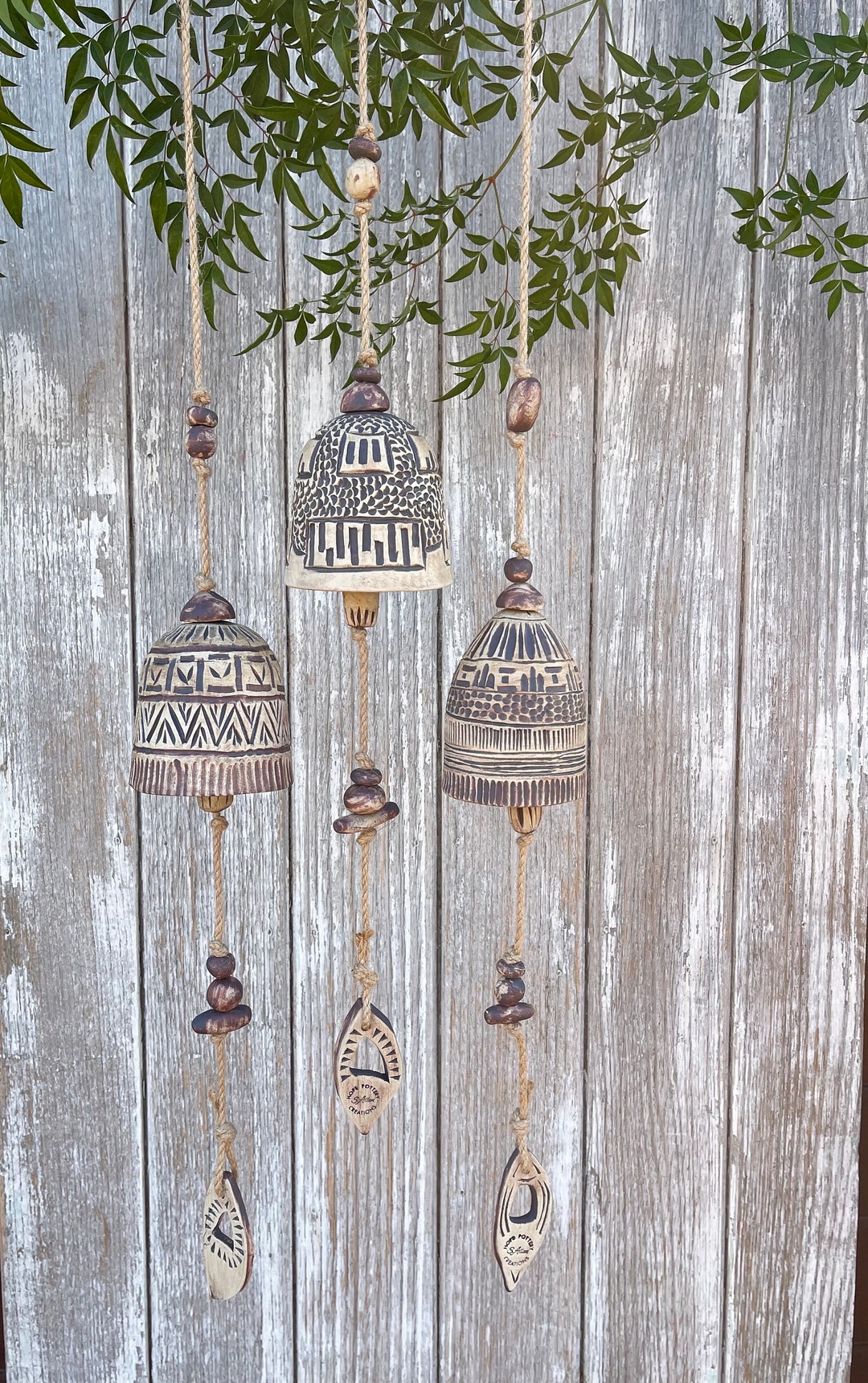 Hand Carved and Oxide Pottery Bell, Wind Chime, Earthy and Natural Clay ...