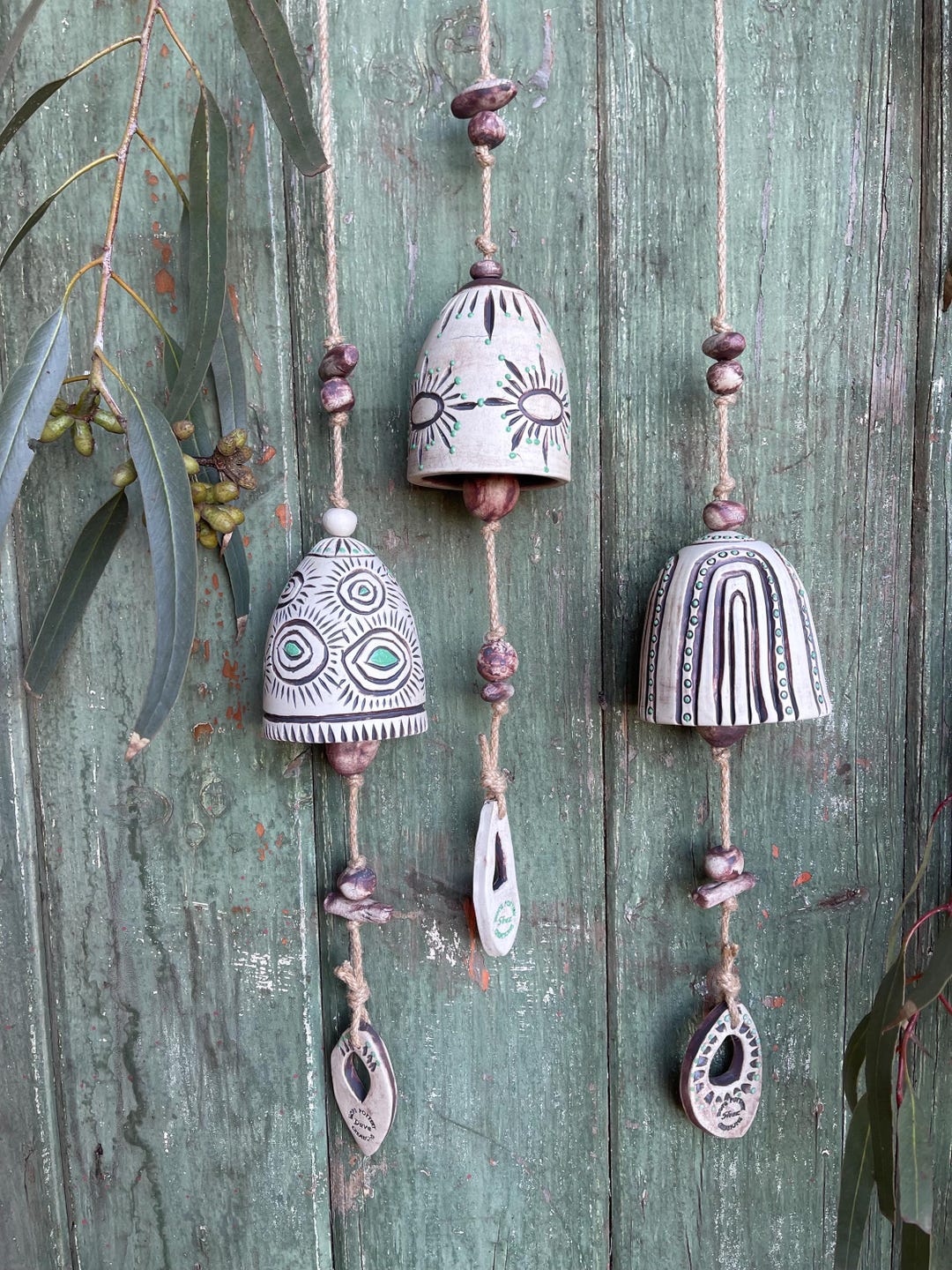Hand Carved Ceramic Bell Wind Chime, Oxide Glazed Stoneware, Garden Art ...