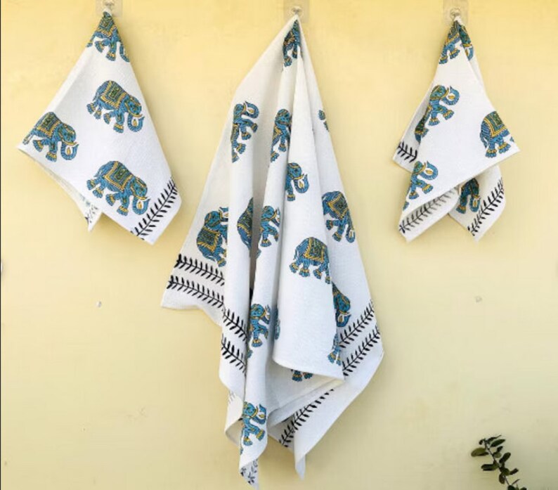 Set OF 3 Hand Block Print Waffle Towels /100% Cotton Printed Hand or ...