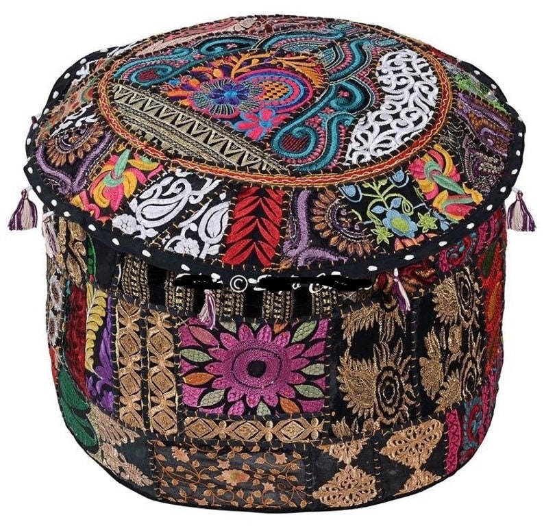 Bohemian Pouf Ottoman Pouffe Vintage Patchwork Indian Pouf Large Round ...
