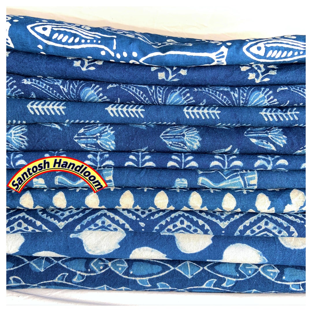Indigo Block Print Fabric by the Yard Cotton Fat Quarter Bundle Indigo ...