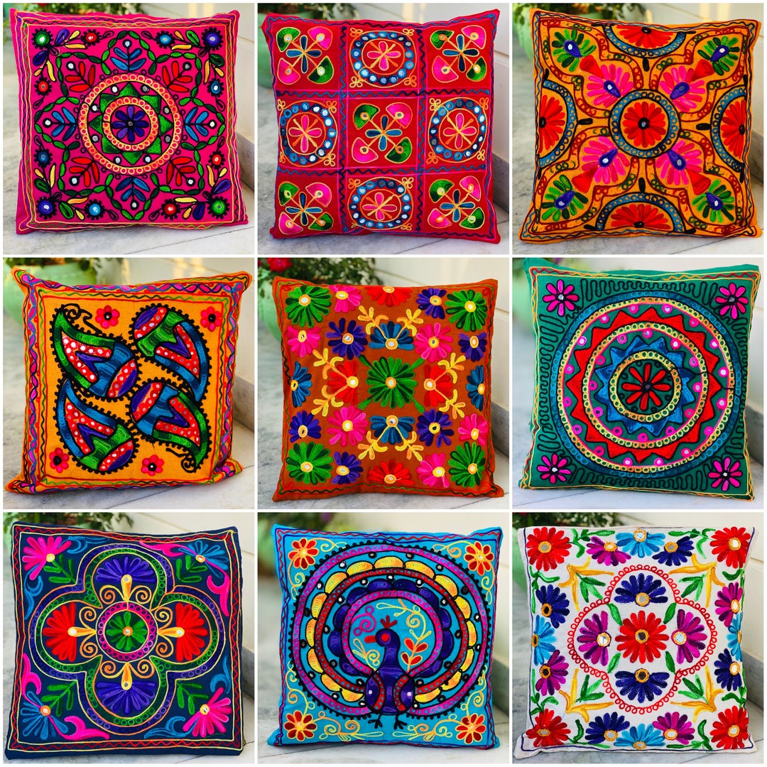 Mexicon Pillow Cover, Colorful Embroidered Throw Suzani Pillow Covers ...