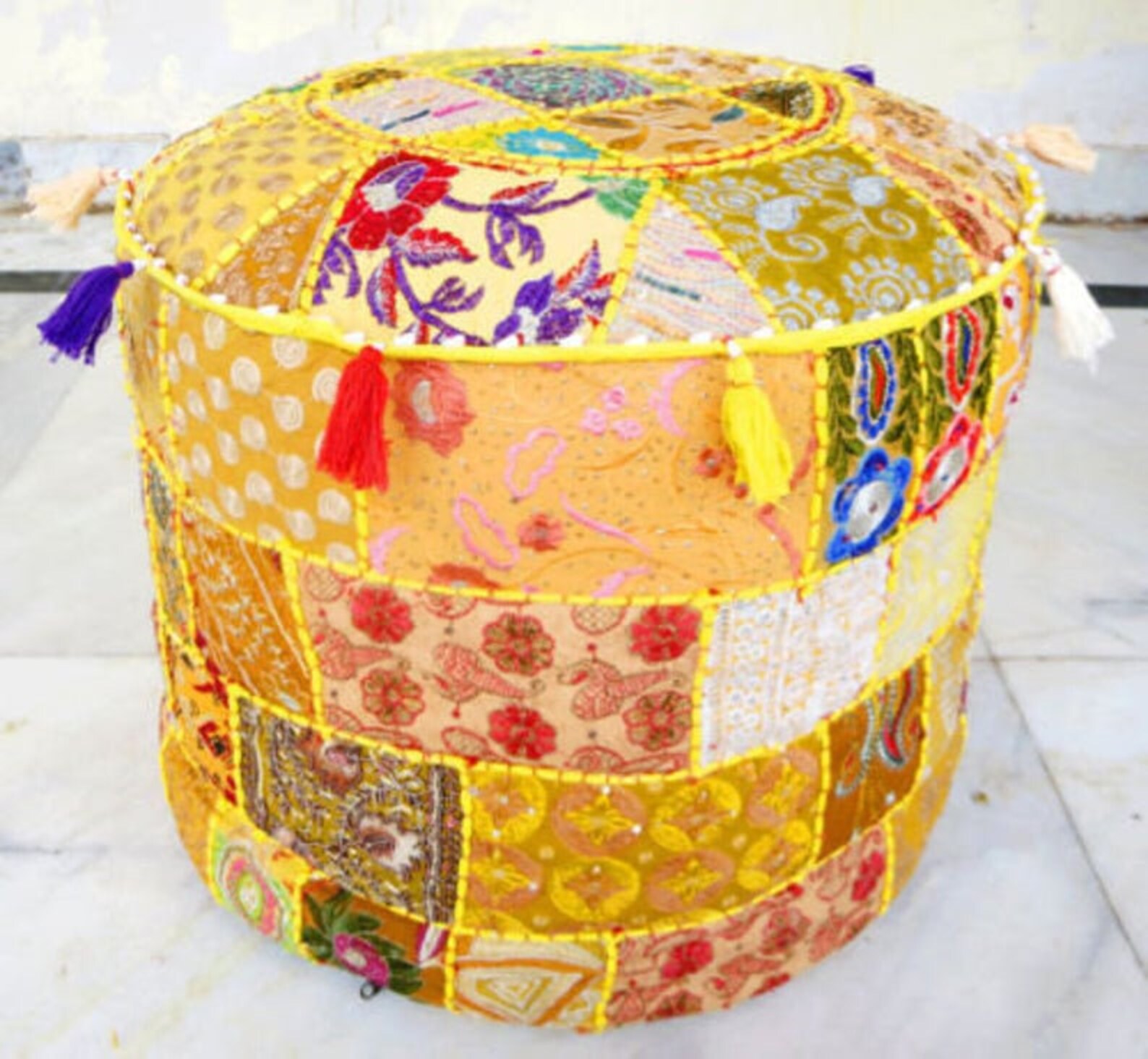 Bohemian Pouf Ottoman Pouffe Vintage Patchwork Indian Pouf Large Round ...