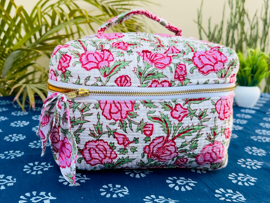 Hand Block Print Makeup Bag | Vintage Cosmetic Organizer | Large ...