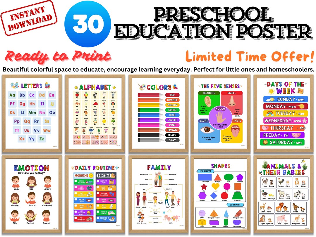 30 Preschool Educational Poster, Montessori Rainbow Classroom Decor ...