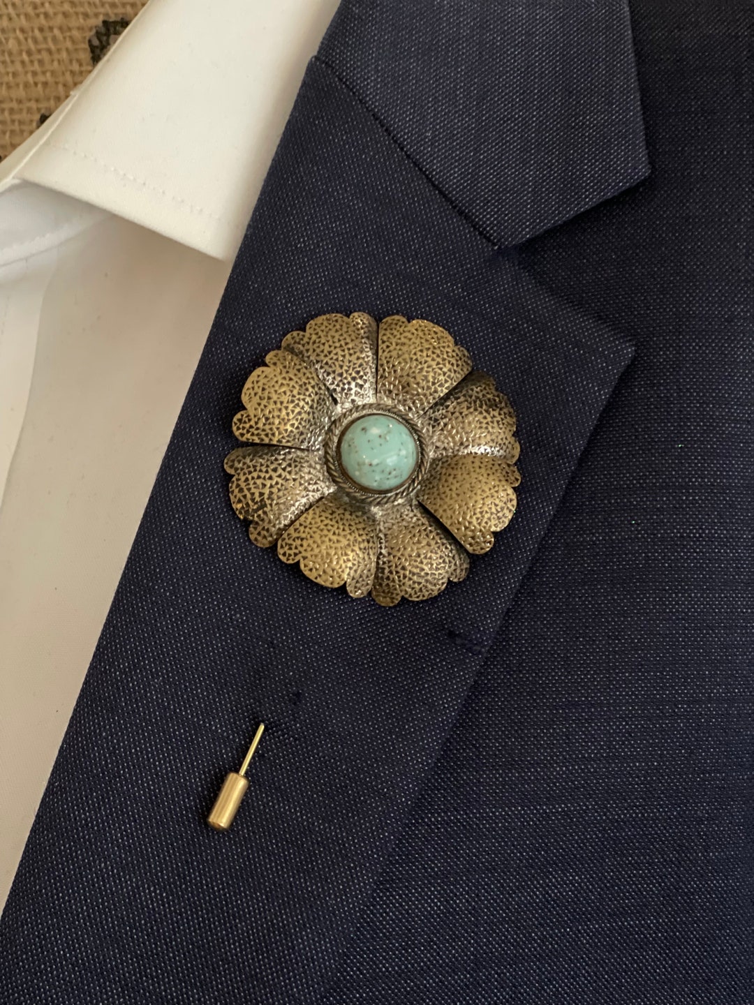 Handcrafted Antique Flower and Turquoise Lapel Pin - Etsy