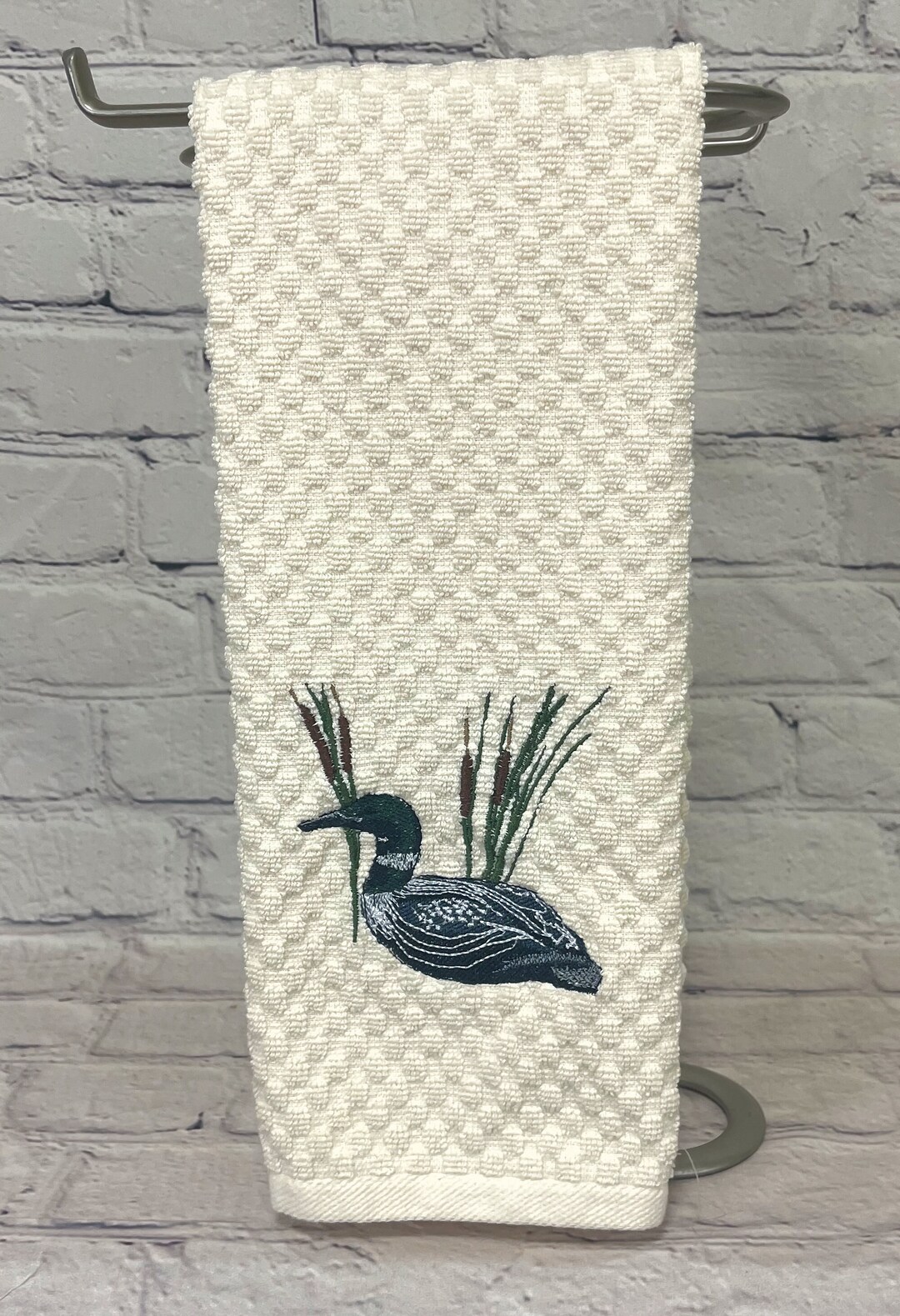 Loon in the Wetlands Embroidered Tea Hand Kitchen Bathroom Dish Cotton ...