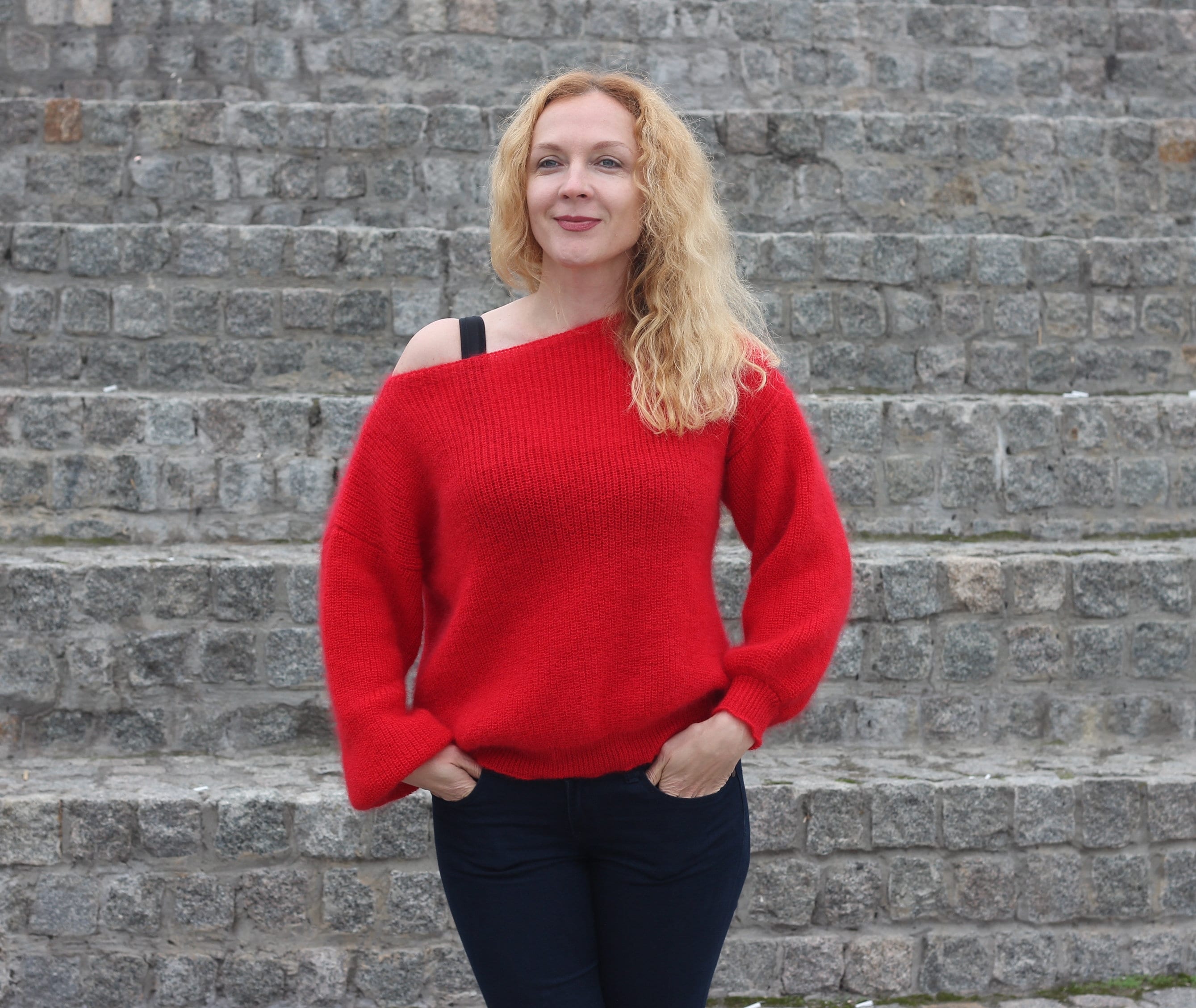 Roter Pullover, Strick Mohair Pullover Damen, Puffärmel Pullover ...