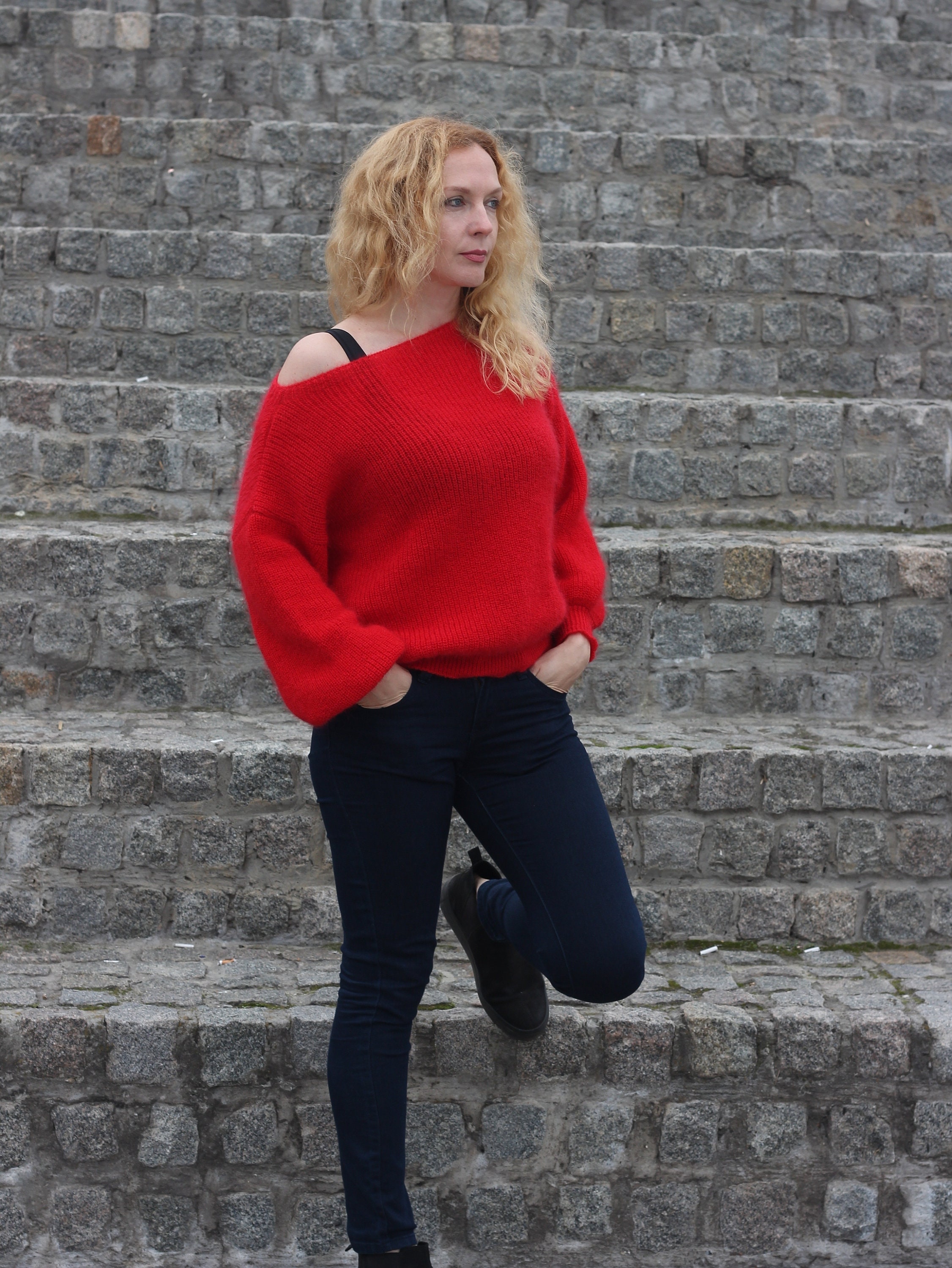 Roter Pullover, Strick Mohair Pullover Damen, Puffärmel Pullover ...