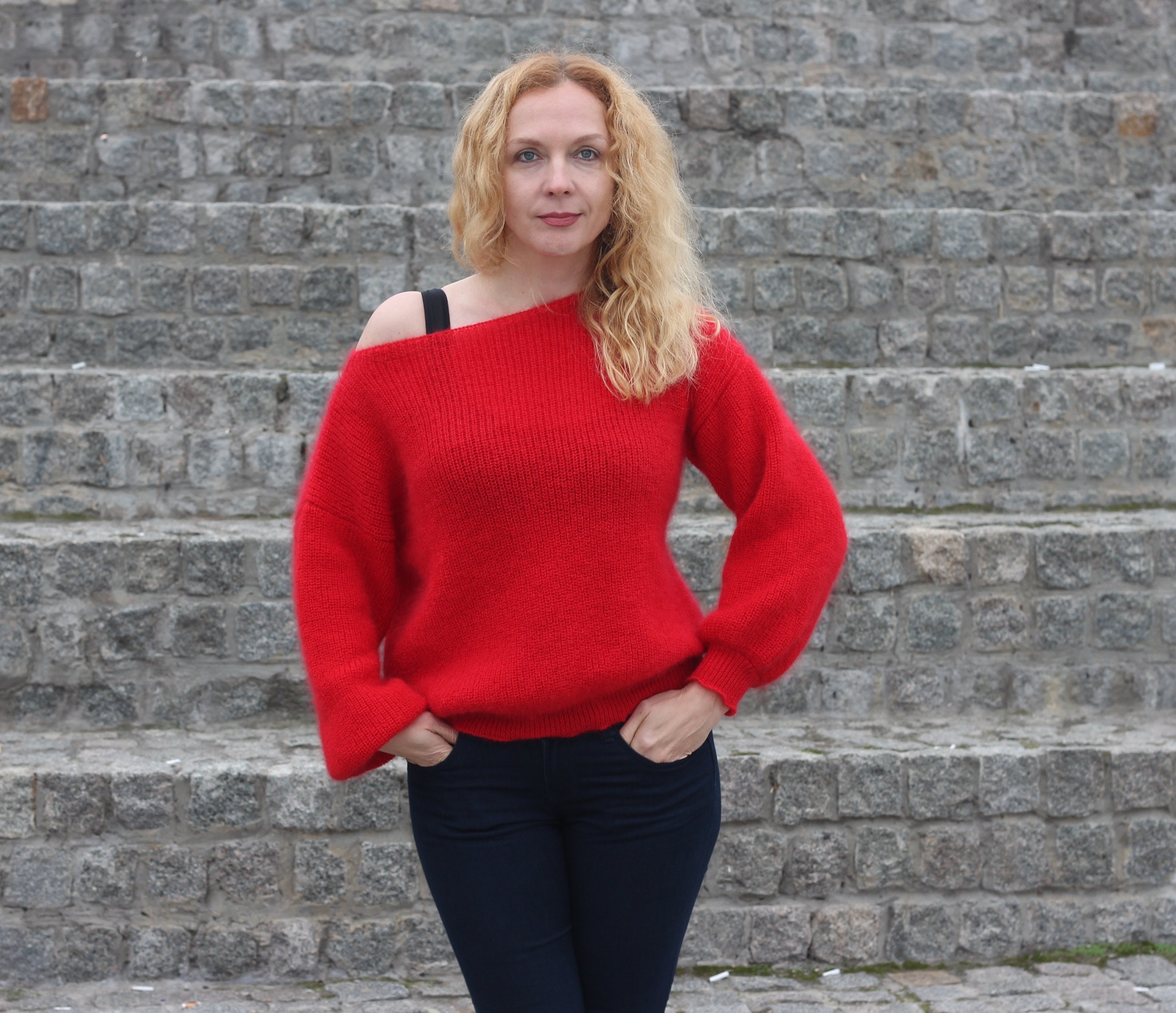 Roter Pullover, Strick Mohair Pullover Damen, Puffärmel Pullover ...