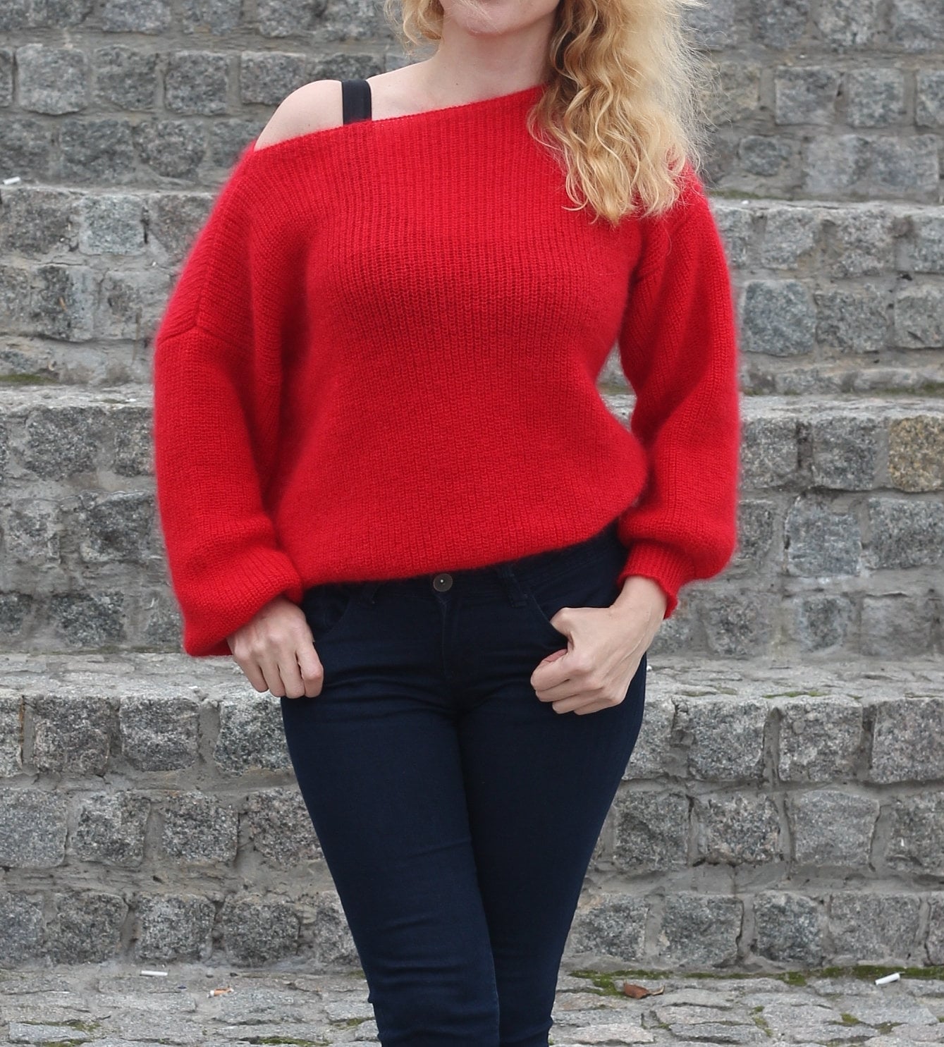 Roter Pullover, Strick Mohair Pullover Damen, Puffärmel Pullover ...