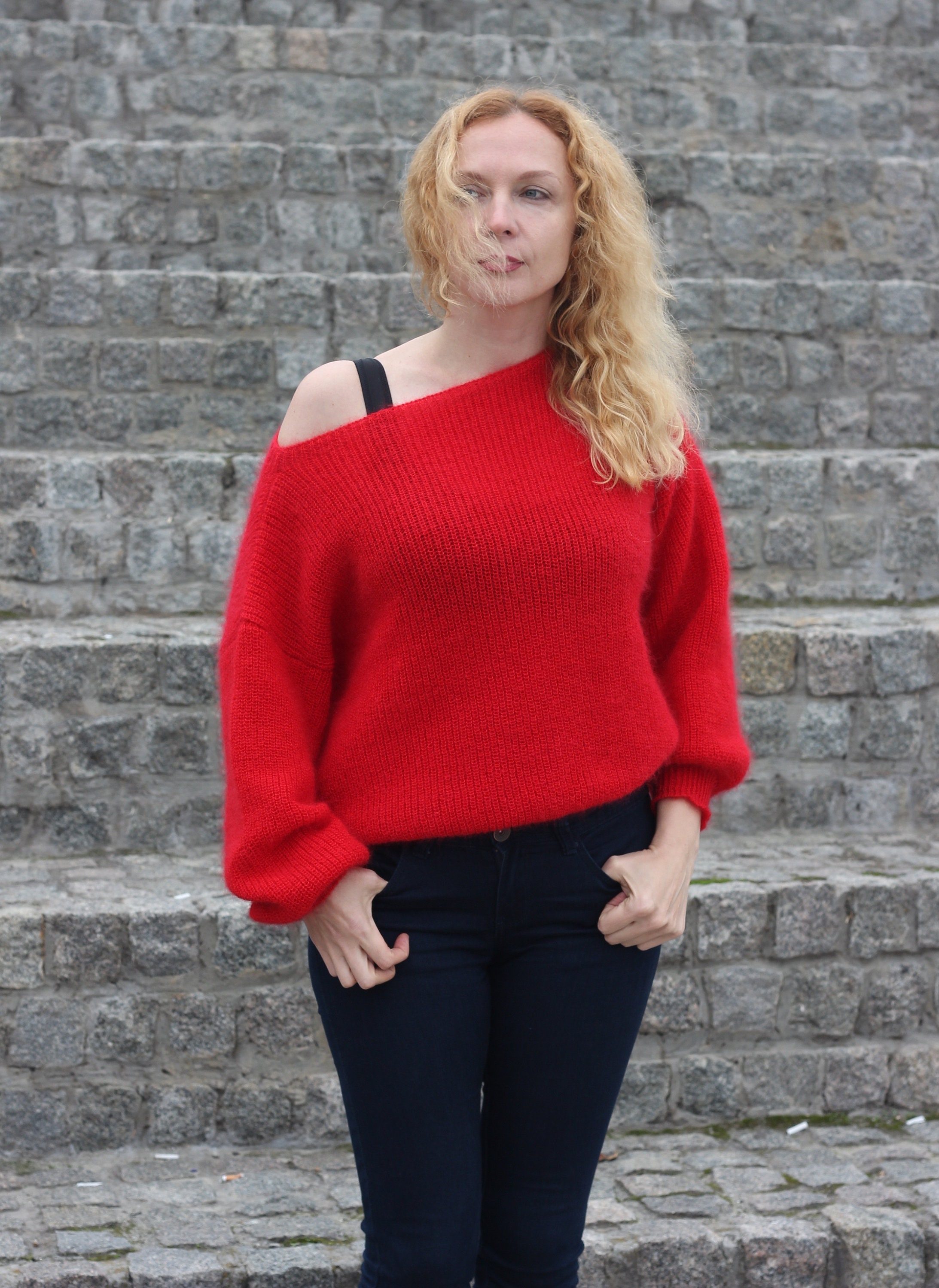 Roter Pullover, Strick Mohair Pullover Damen, Puffärmel Pullover ...