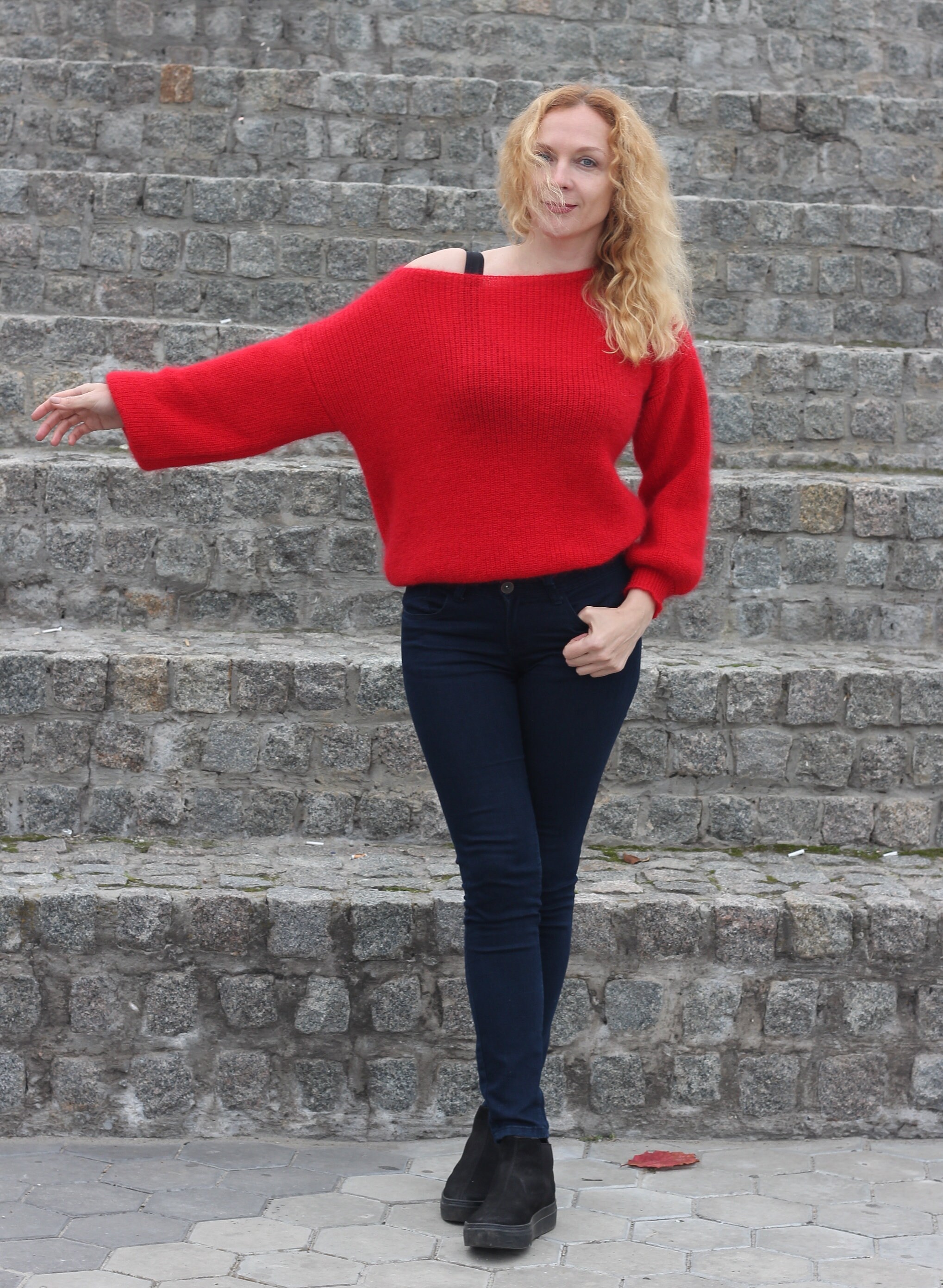 Roter Pullover, Strick Mohair Pullover Damen, Puffärmel Pullover ...