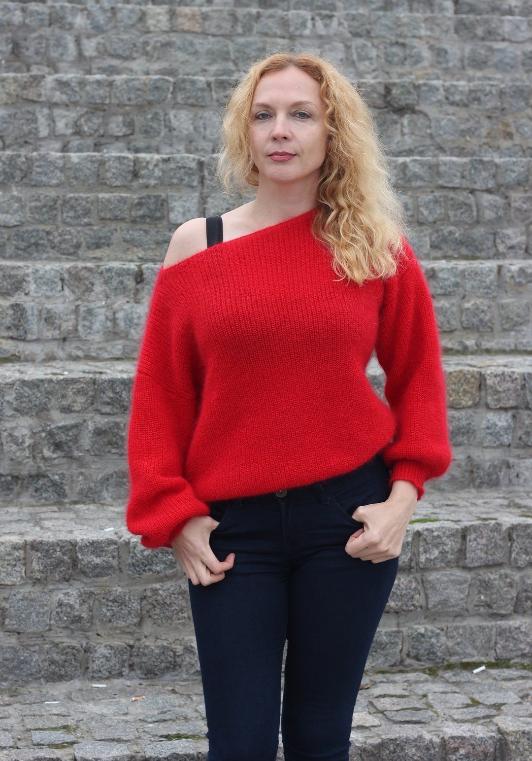 Roter Pullover, Strick Mohair Pullover Damen, Puffärmel Pullover ...