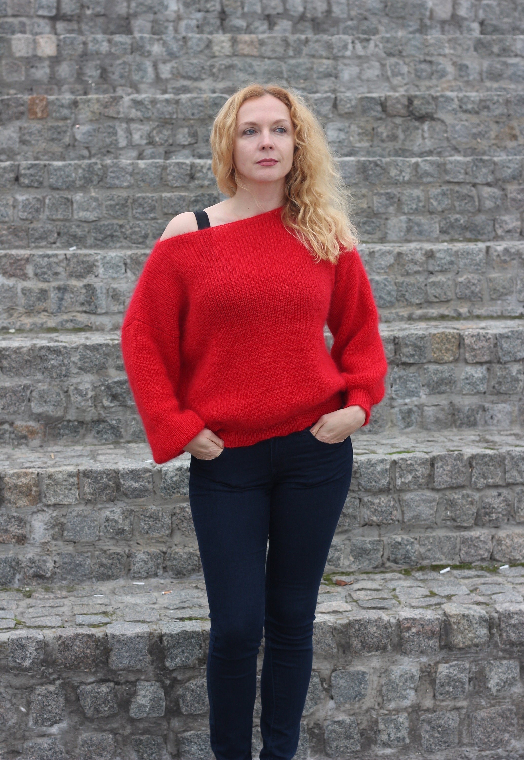 Roter Pullover, Strick Mohair Pullover Damen, Puffärmel Pullover ...