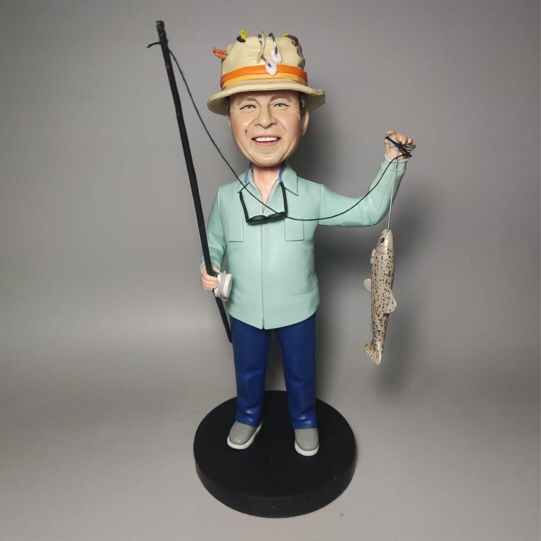 Custom Fishing Bobblehead Gifts, a Fish Hook on the Hat，wear a Blue ...