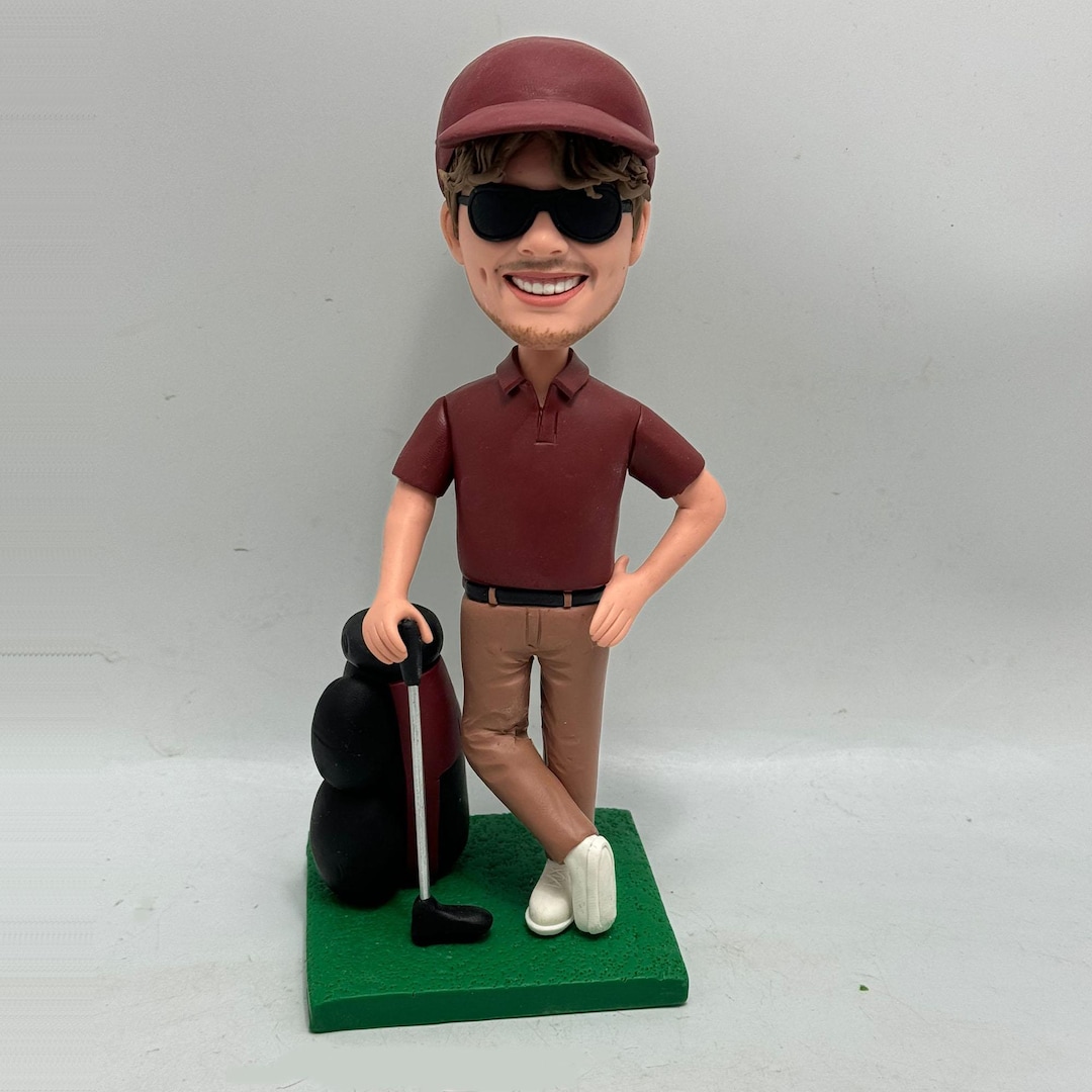 Custom Bobbleheads for Golf Fan, He is Wearing Sunglasses, a Red T ...