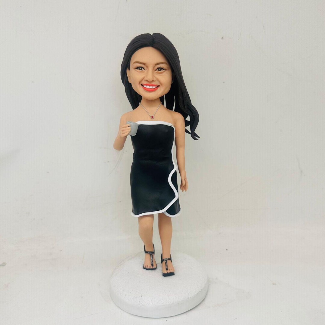 Customized Female Bobblehead in Black Dress, Smiling Face With Long ...