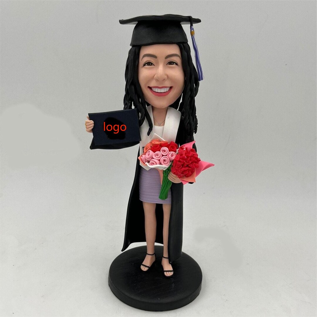Customized Female Graduation Bobbleheads Figurine, She Held Flowers in ...
