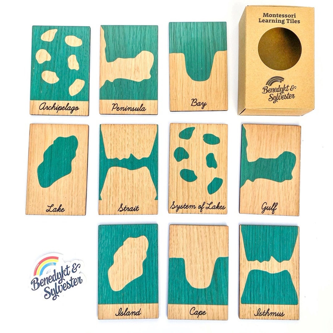 Montessori Wooden Land and Water Form Tiles 10 Card Set (like 3 Part ...
